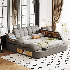 Amazon.com: ModaWhly Smart Queen Bed Frame, Gray Multifunctional Bed ...