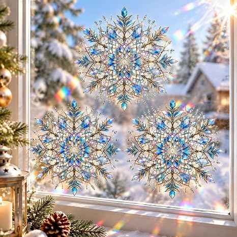 Amazon.com: 3 Pcs Christmas Window Decals, Stained Glass Snowflake ...
