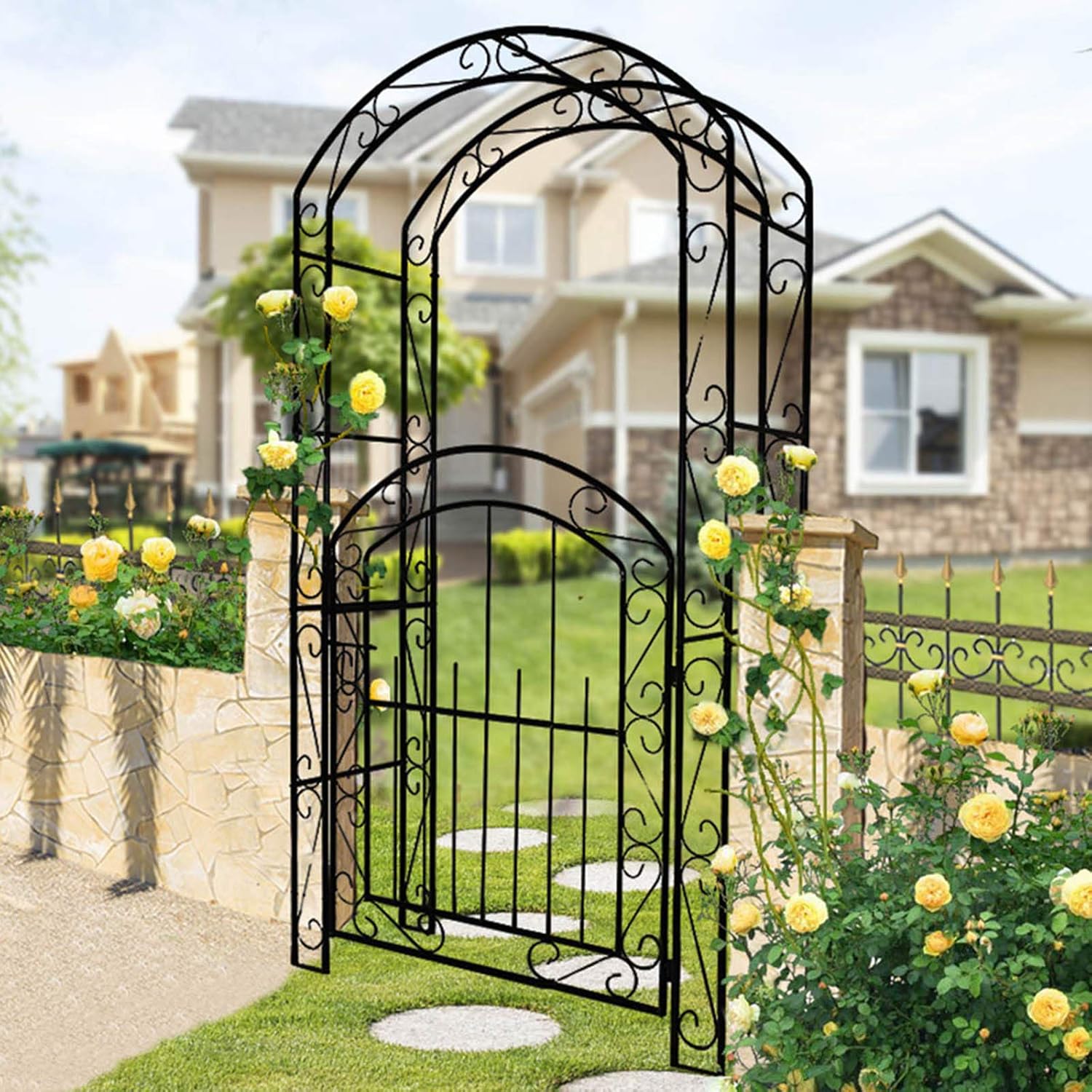 Amazon.com : Metal Garden Arch Arbor Garden Arch with Door, 84.6" High ...