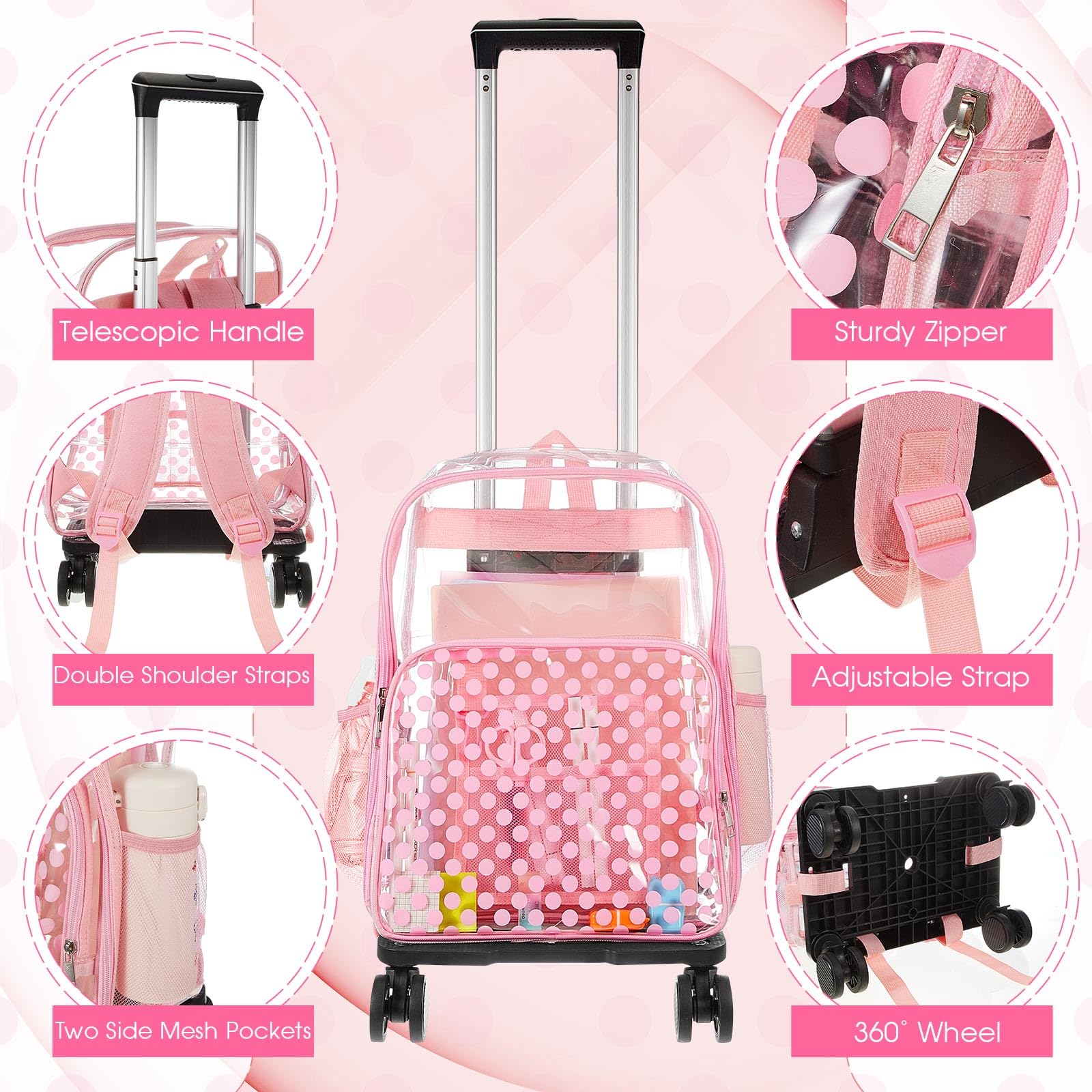 Eccliy 17 Inch Rolling Clear Backpack Heavy Duty Transparent Wheeled ...