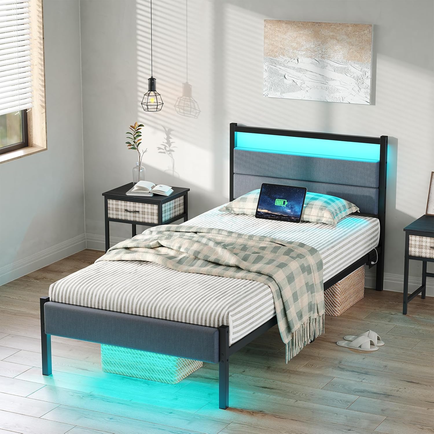 Amazon.com - Twin Bed Frames with Charging Station, LED Lights Bed with ...