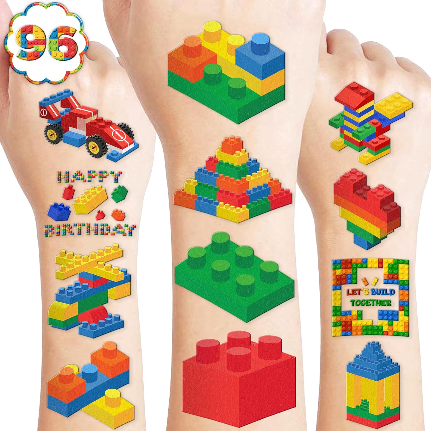 Amazon.com : 96 PCS Building Blocks Block Pre-Cut Temporary Tattoos for ...