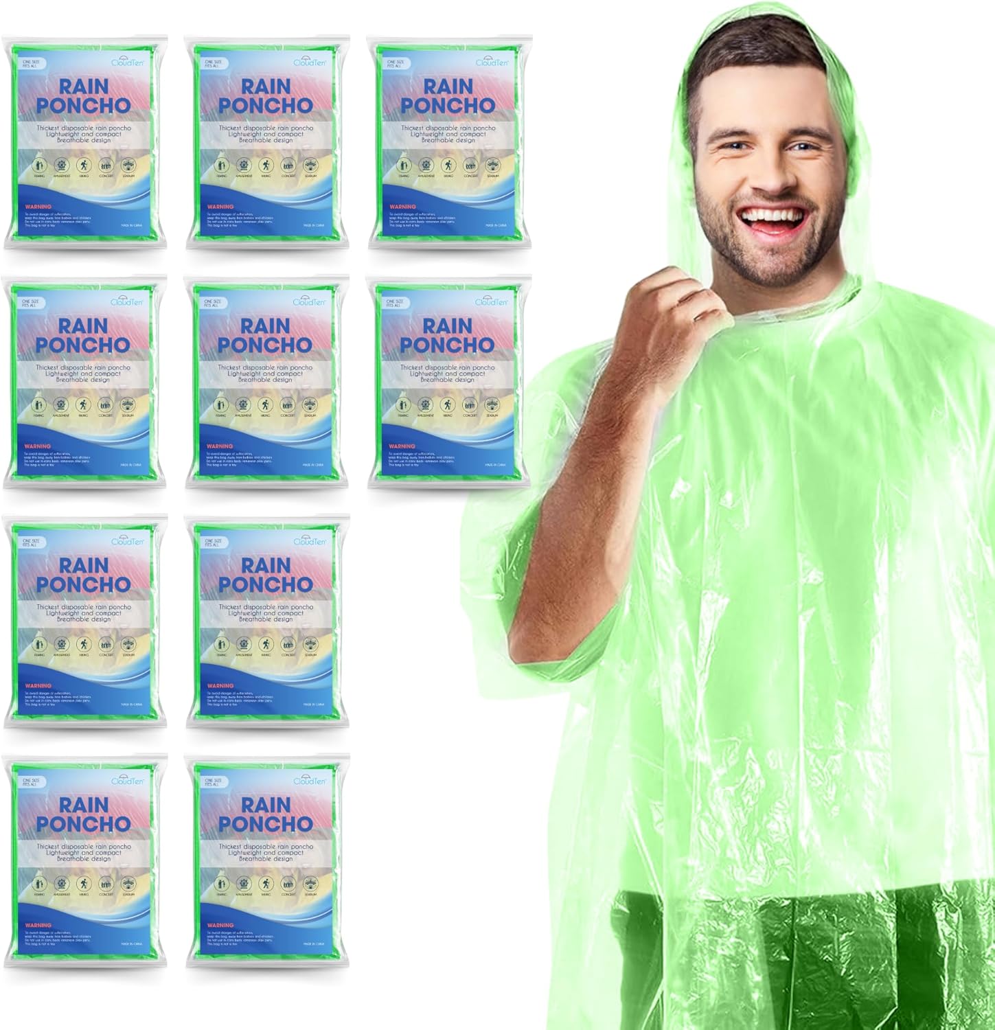 Amazon.com: CloudTen Rain Ponchos Include 10 Packs of Green, Disposable ...