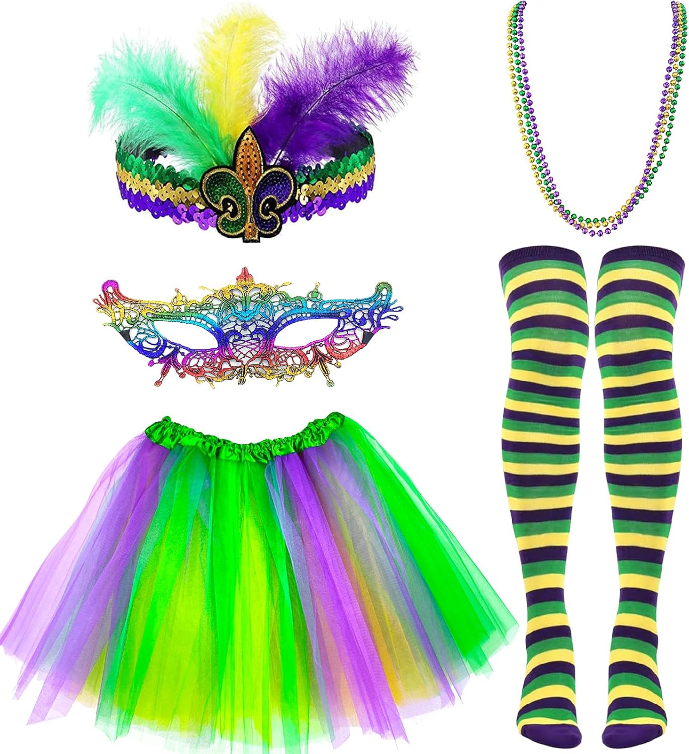 Amazon.com: Dolkoic Mardi Gras Costume Accessory Set with Headband Tutu ...