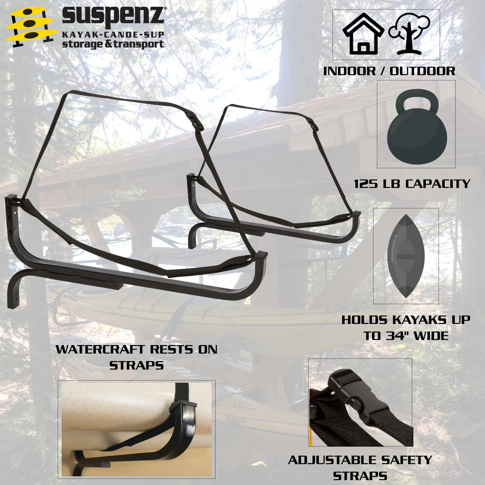 Snapklik.com : Suspenz Kayak Storage Rack, Wall Mount, Black Powder ...