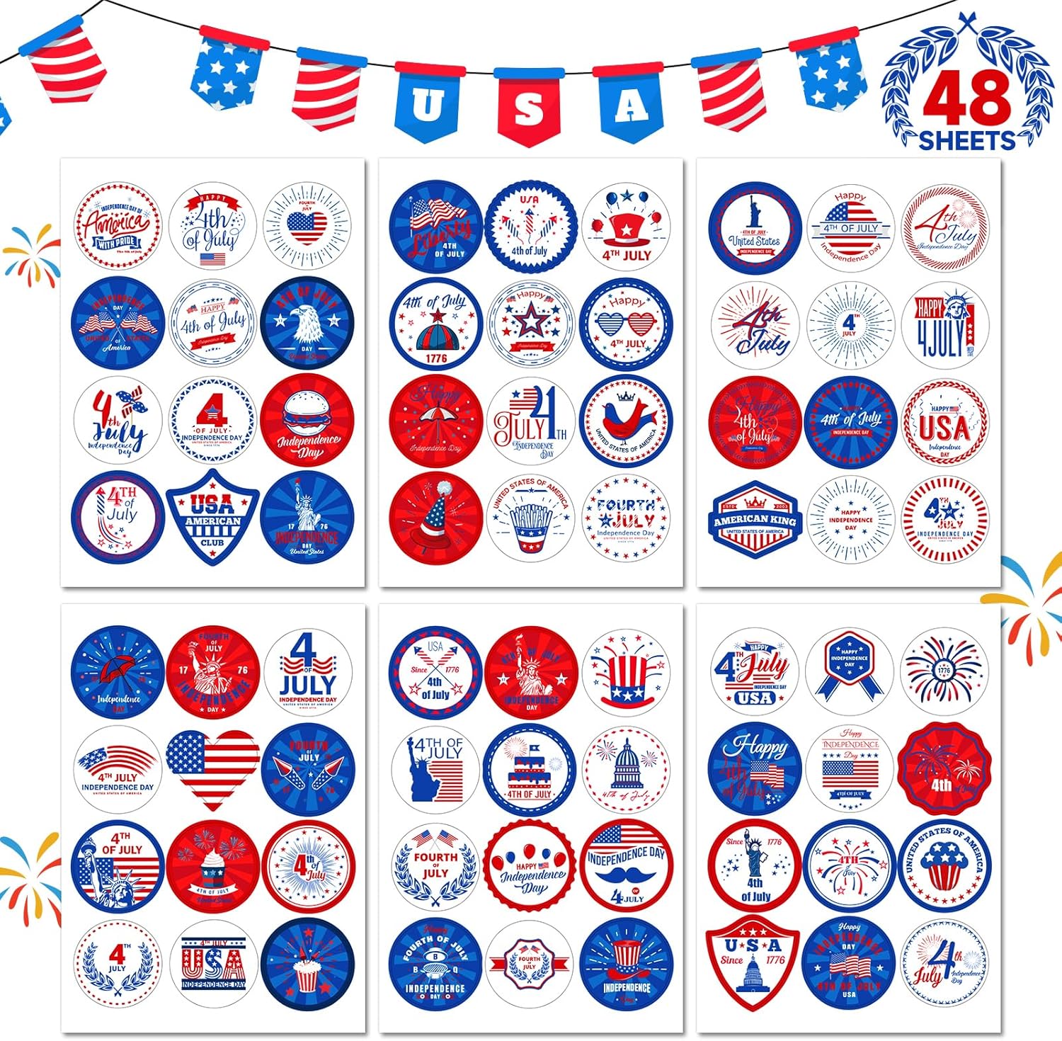 Amazon.com: Leesgel 576 PCS (48 Sheet) 4th of July Patriotic Stickers ...