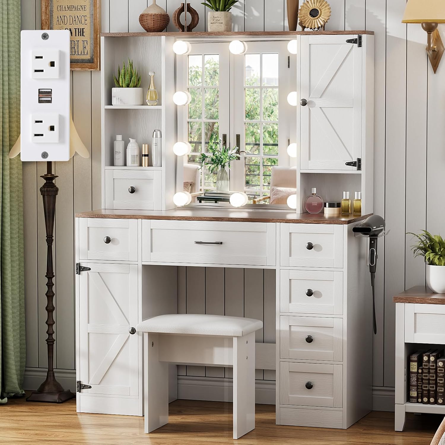 Amazon.com: VOWNER Vanity with Lighted Mirror - Farmhouse Makeup Vanity Desk with 7 Drawers, 2 ...