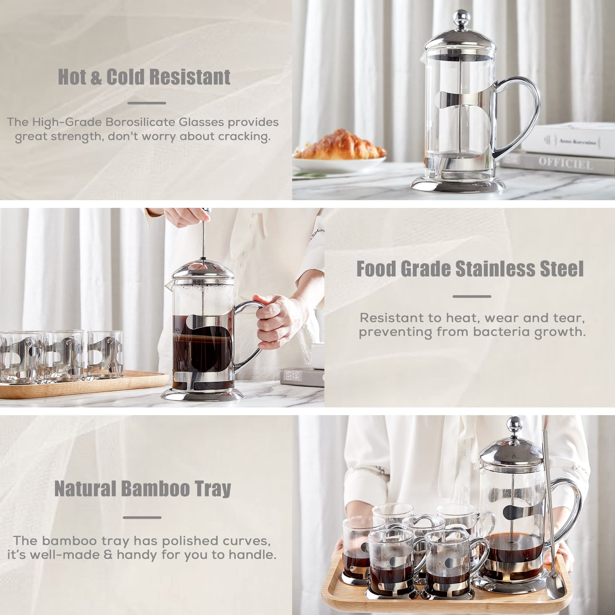 DUJUST Silver French Press Set with 6 Cups & 1 Tray, Luxury Design ...