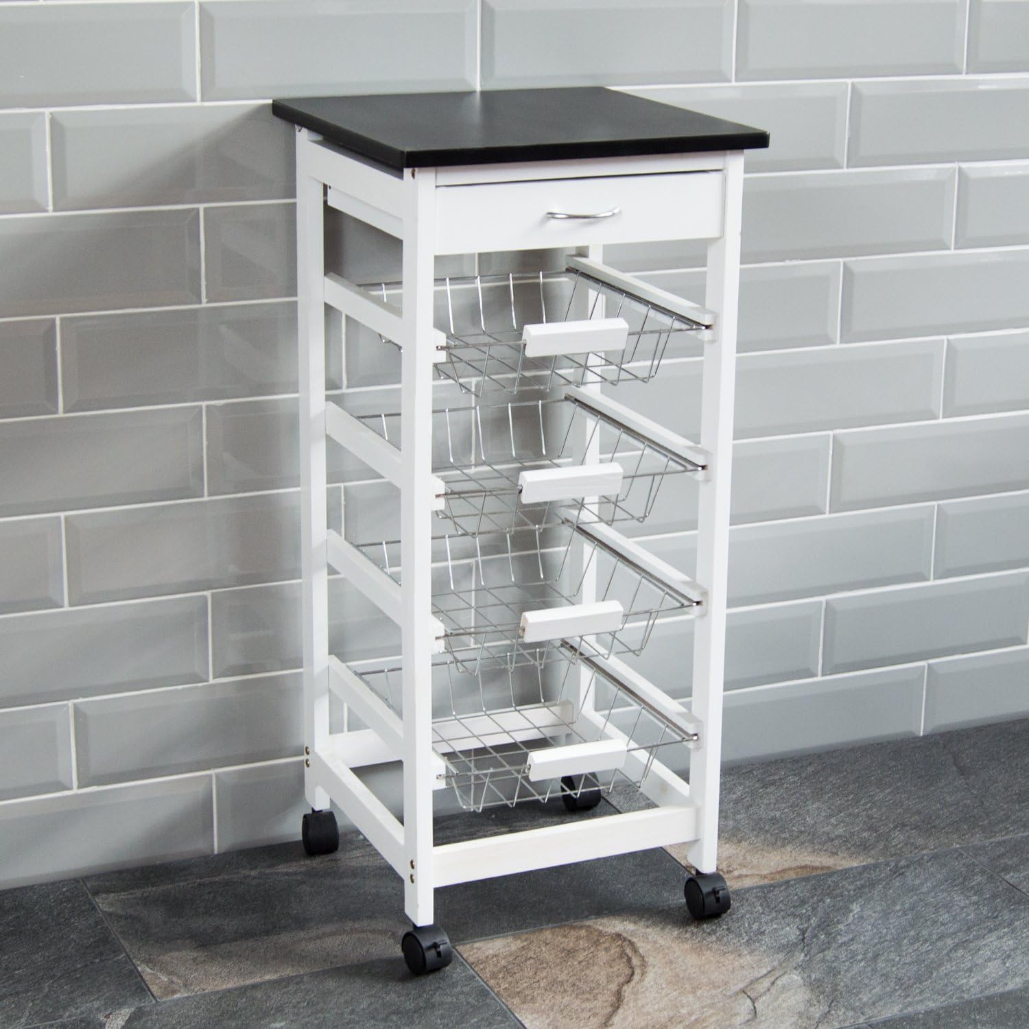 Chef Vida 4 Tier Kitchen Trolley Cart Storage Baskets Drawer, Pine ...