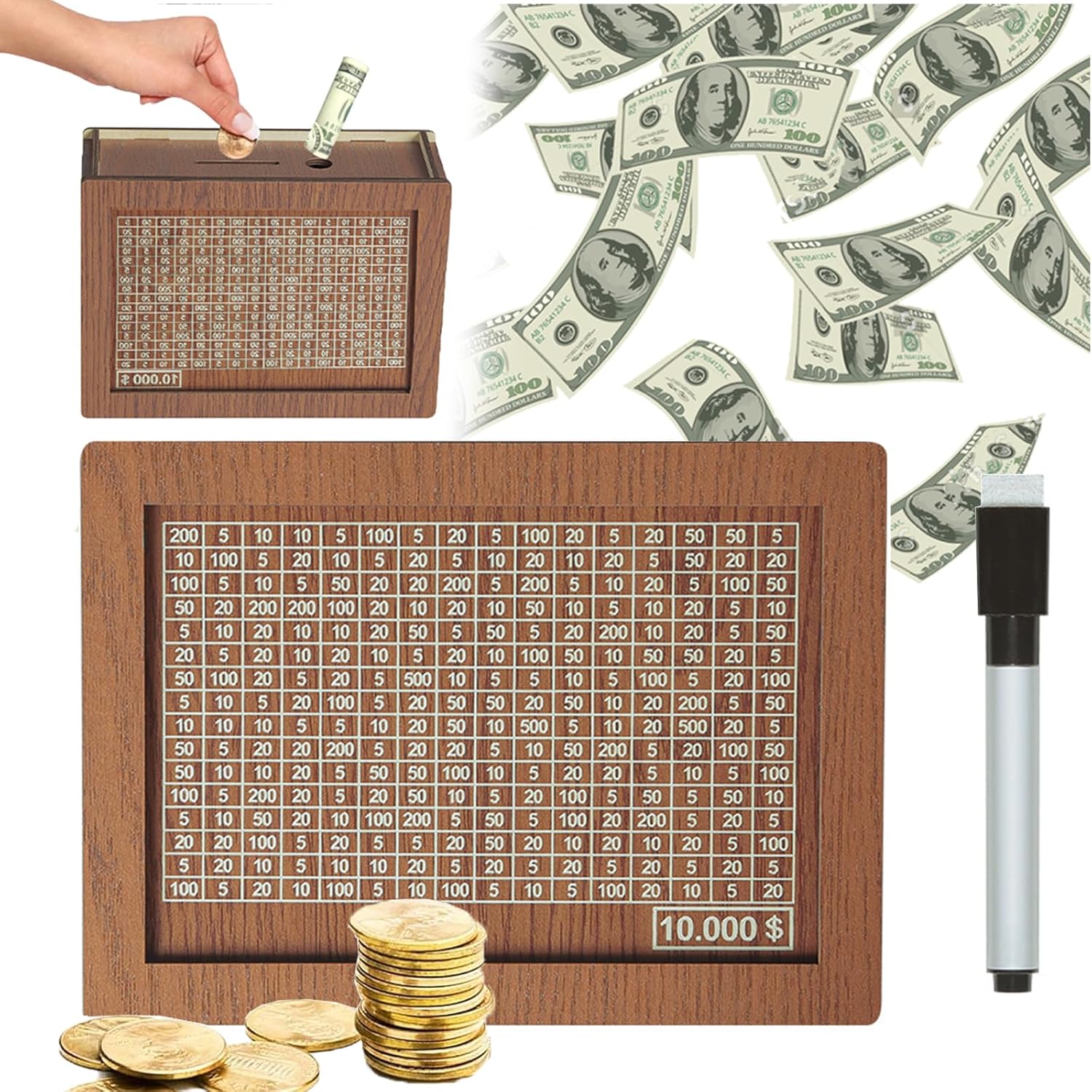 Amazon.com: Wooden Coin Bank, 10k Savings Challenge Box, Save 10000 ...