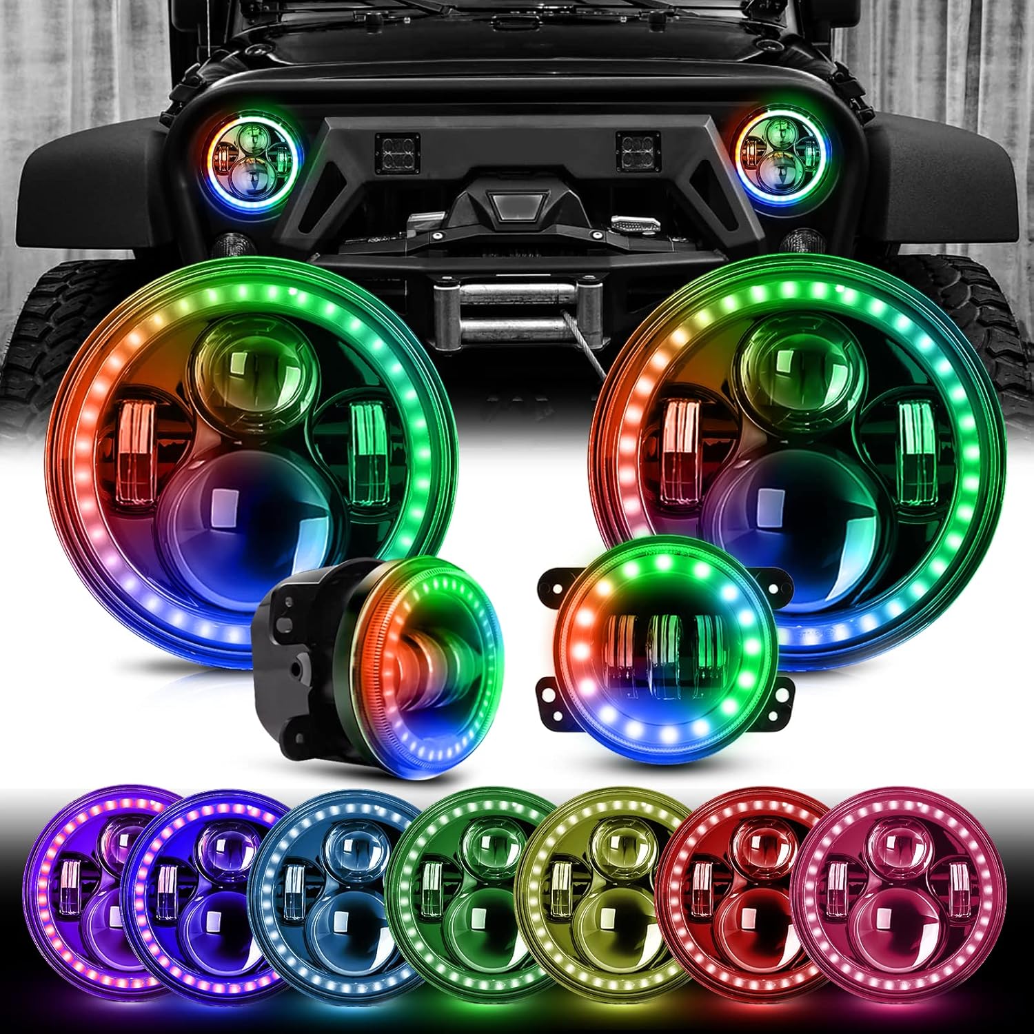 YEEGO DIRECT 7 Inch RGB Halo Wrangler LED Headlight & 4 Inch RGB Fog ...