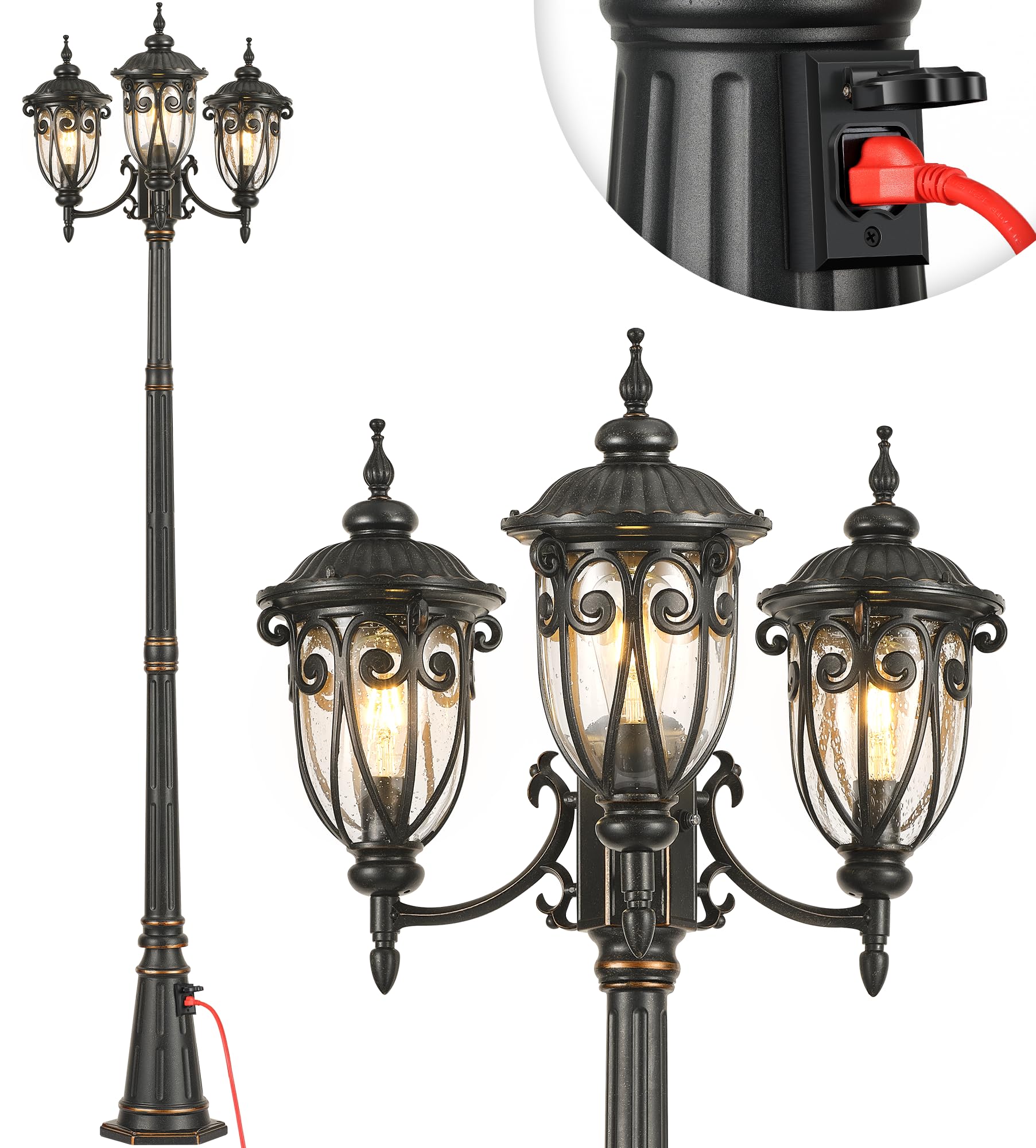 VIANIS Outdoor Lamp Post Light with Outlet, Dusk to Dawn Black Outdoor ...