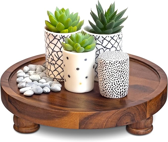 Amazon.com: Demigo 10" Acacia Wood Round Tray - Decorative Plant Stand ...