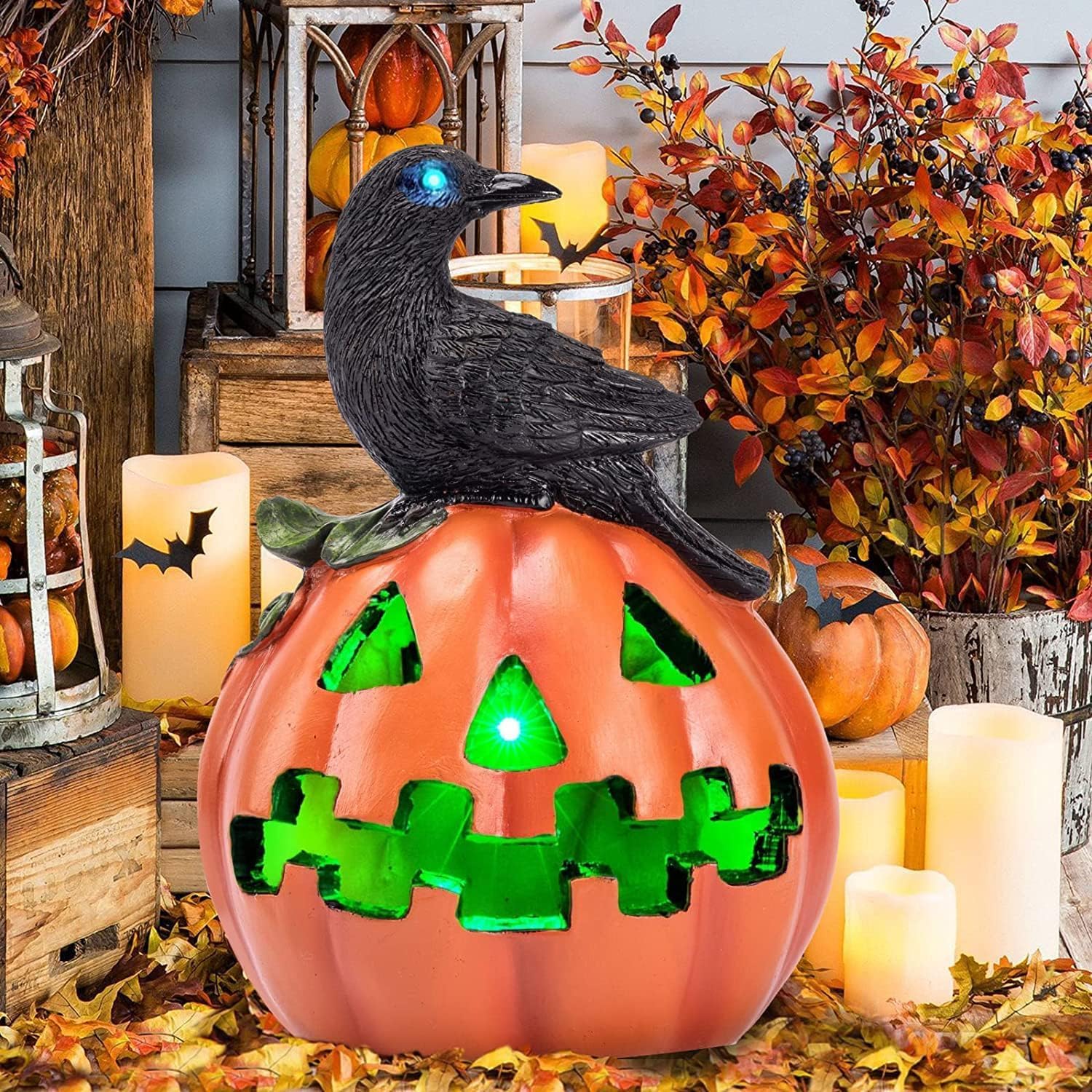 HUYIENO Solar Halloween Pumpkin Decoration with Crow Solar Powered ...
