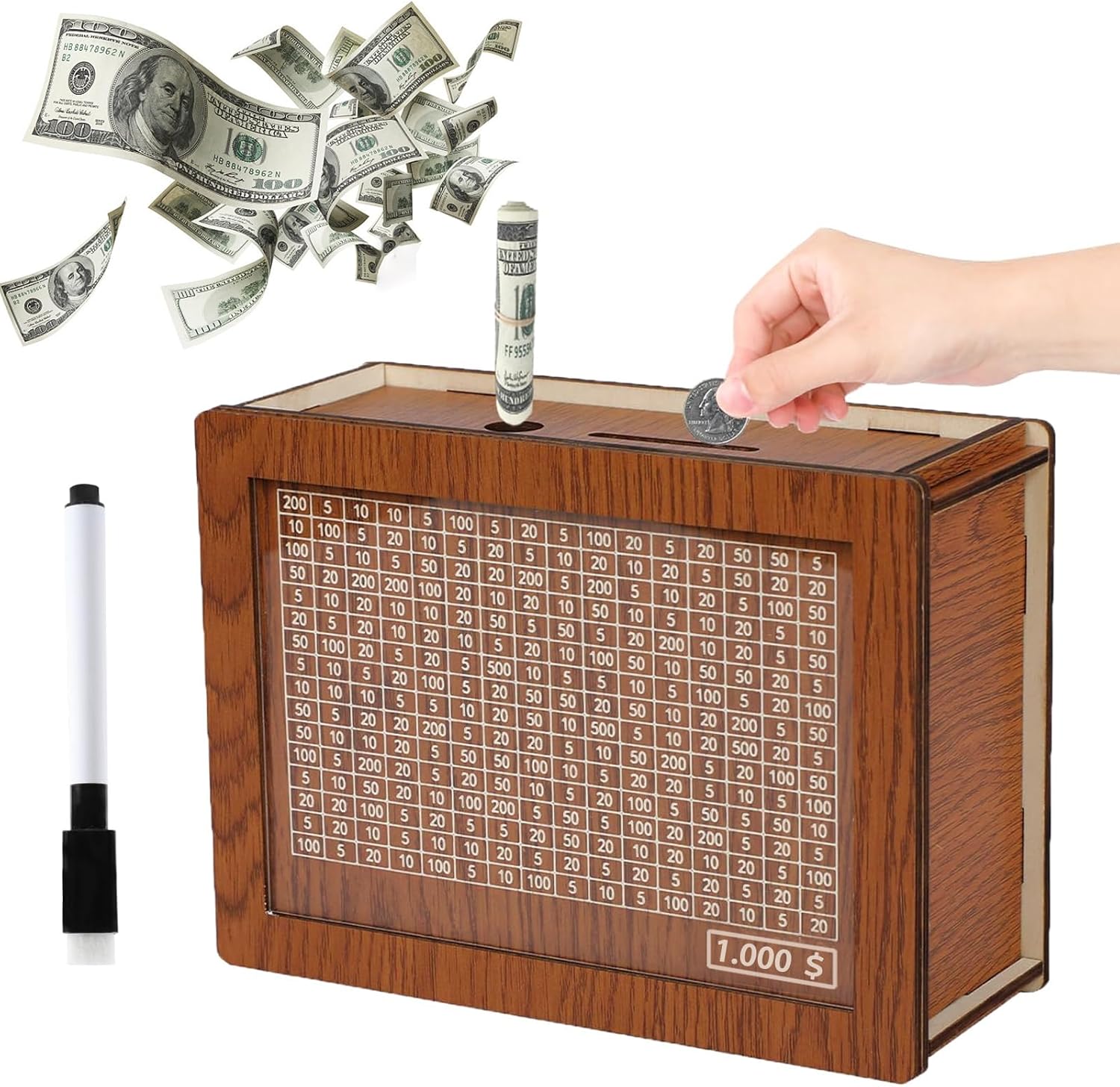 Amazon.com: Cash Vault Wooden Savings Box, Money Saving Box, Piggy Bank ...