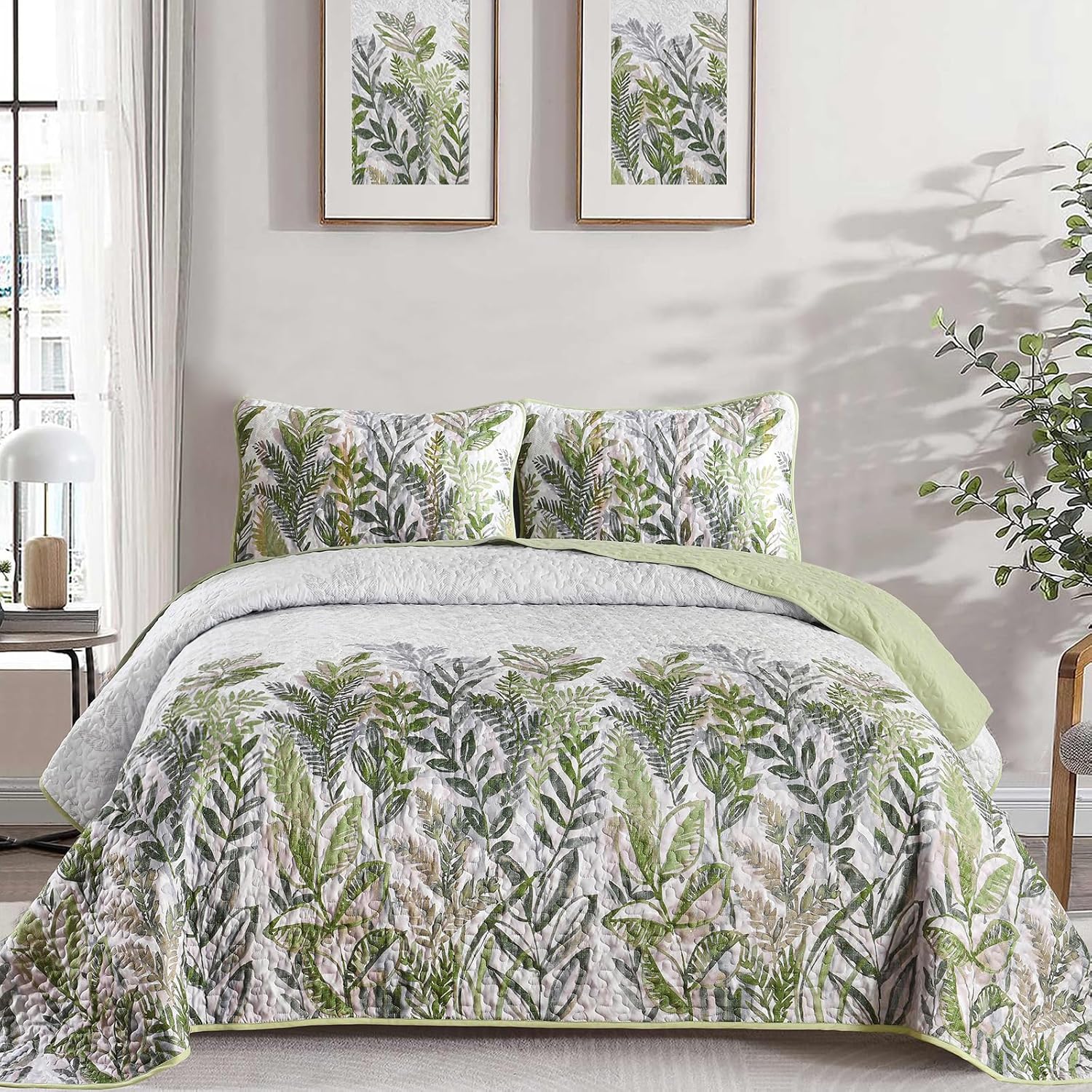 Amazon.com: WONGS BEDDING Sage Green Quilt Set King Size, Botancial ...