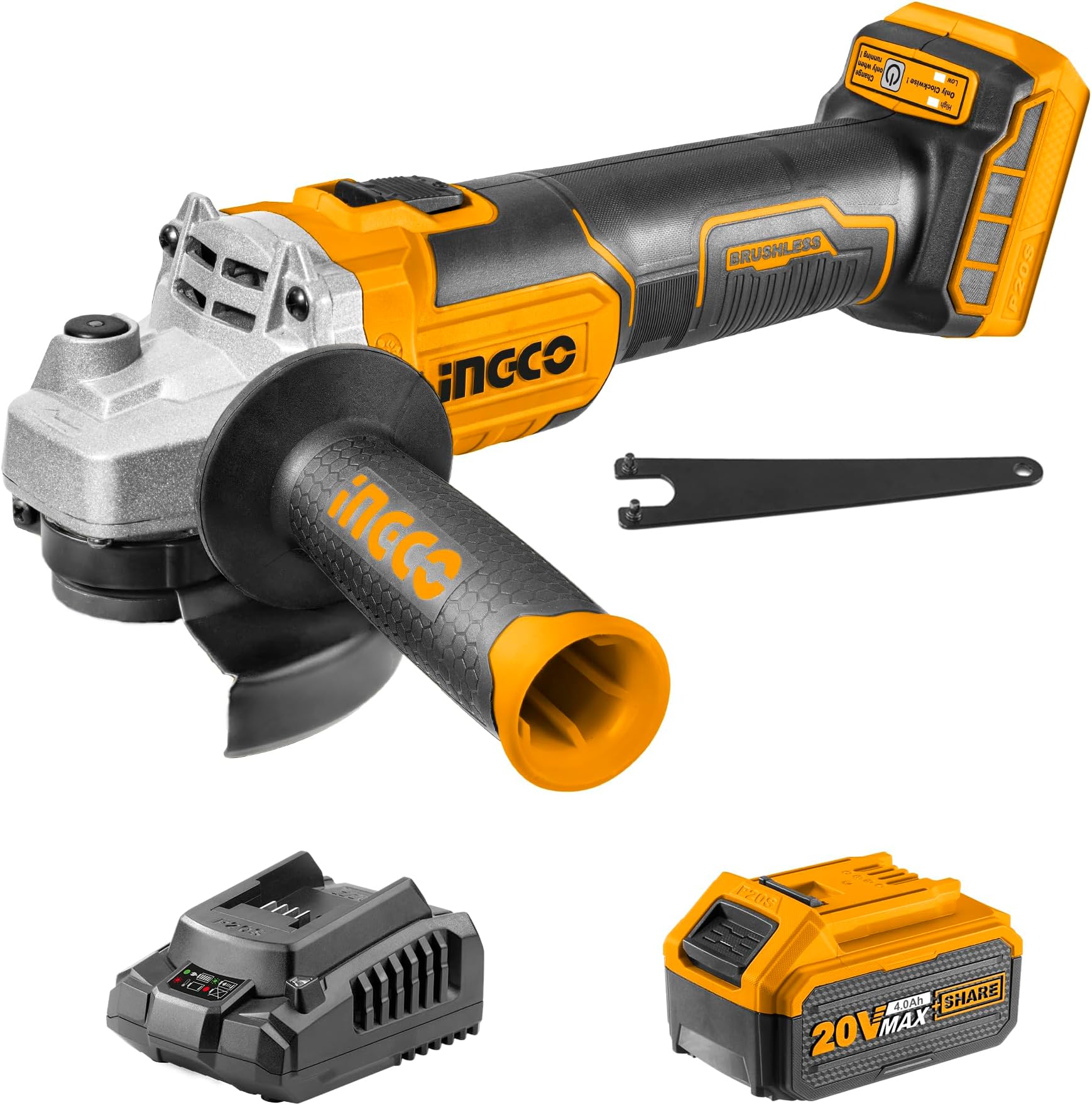INGCO 115mm Cordless Angle Grinder 20V Brushless Angle Grinder Tools ...