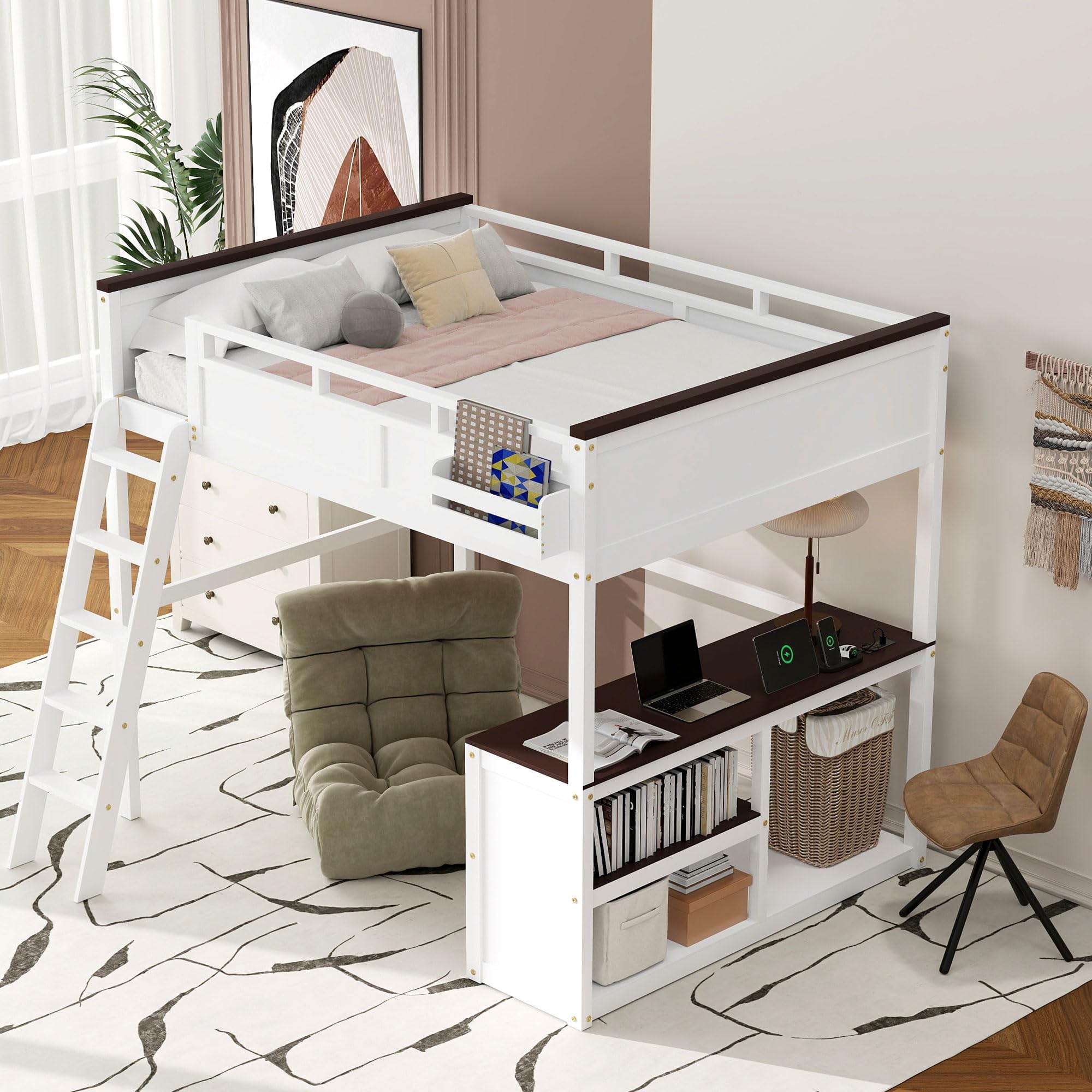 Amazon.com: Linique Queen Size Loft Bed with Built-in Desk, Storage Box ...