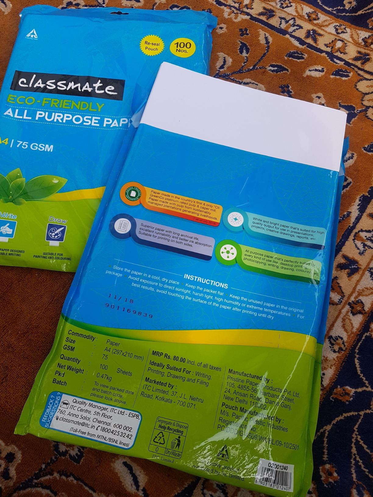Classmate A4 Size All Purpose Paper - White, Unruled, Pack of 100 ...