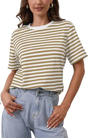 Amazon.com: Women Striped Tee Shirt Short Sleeve Crewneck Color Block ...