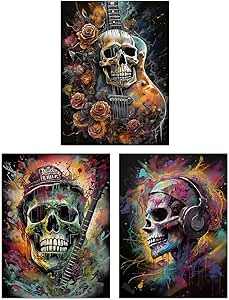 Set of 3 Prints Death Metal Music Skull Face Guitar Horror Darkness ...