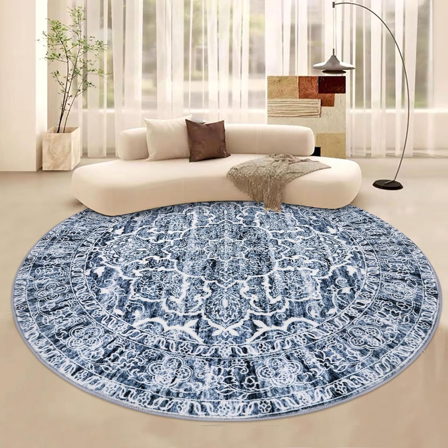 Amazon.com: KUTA Oriental Round Rugs 6ft, Blue Round Carpet Washable ...