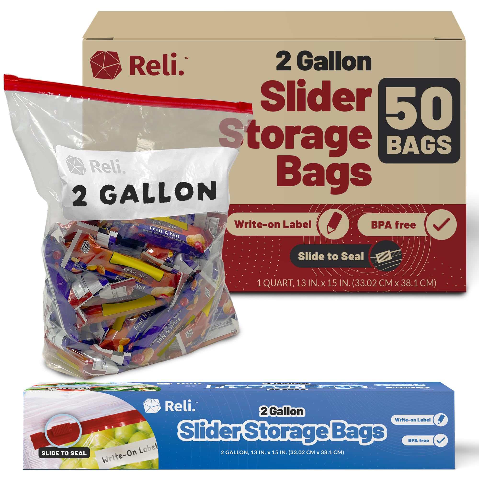 Amazon.com: Reli. 2 Gallon Slider Bags (50 Count) 13x15 inch Jumbo Food ...