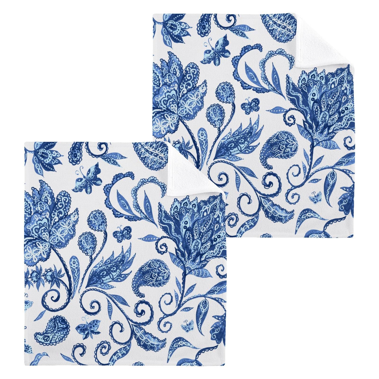 Amazon.com: WELLDAY Blue White Floral Washcloths, 2 Pack 12 X 12 Inches ...