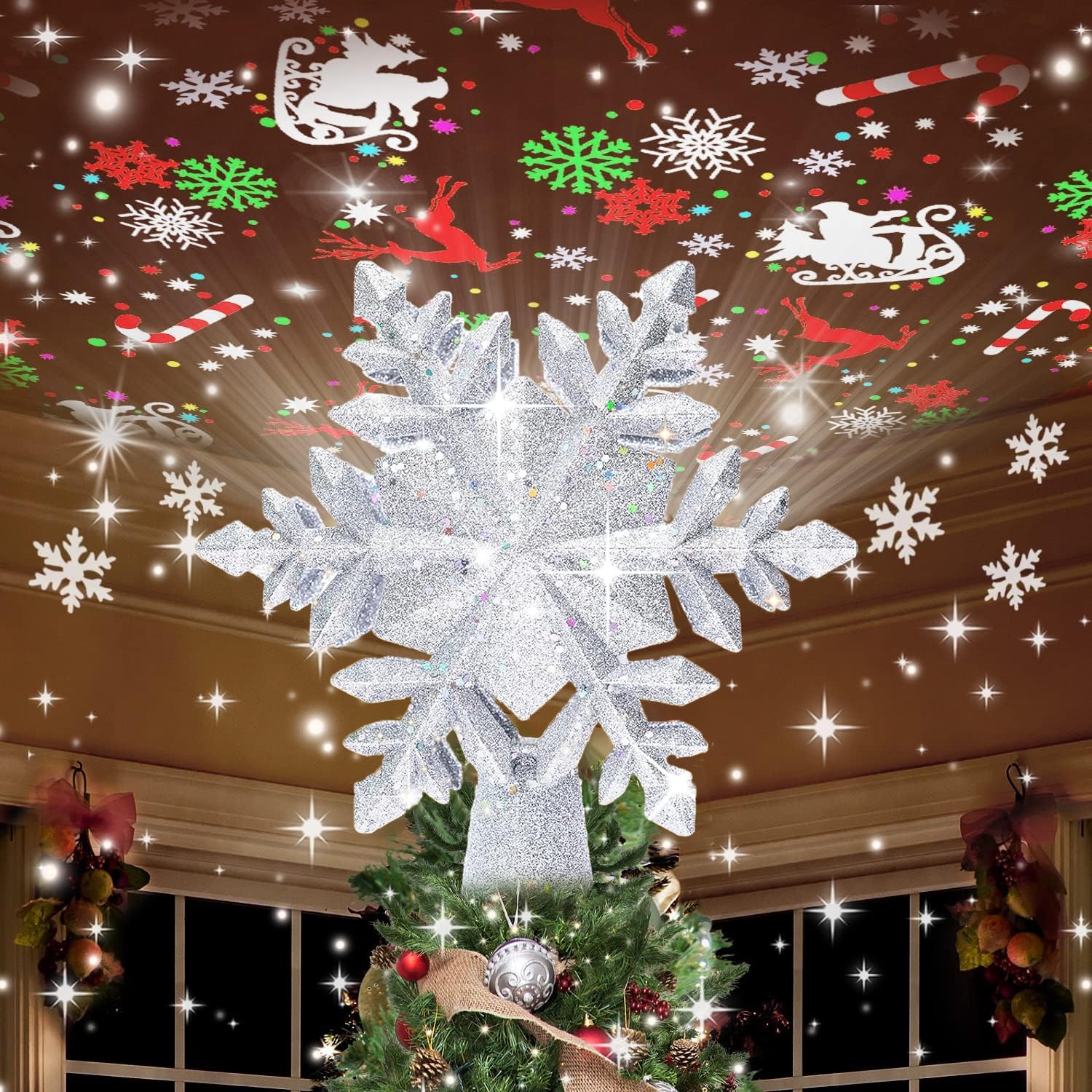 Amazon.com: YIJXPOIN Christmas Tree Topper Lighted with 8 Projection ...