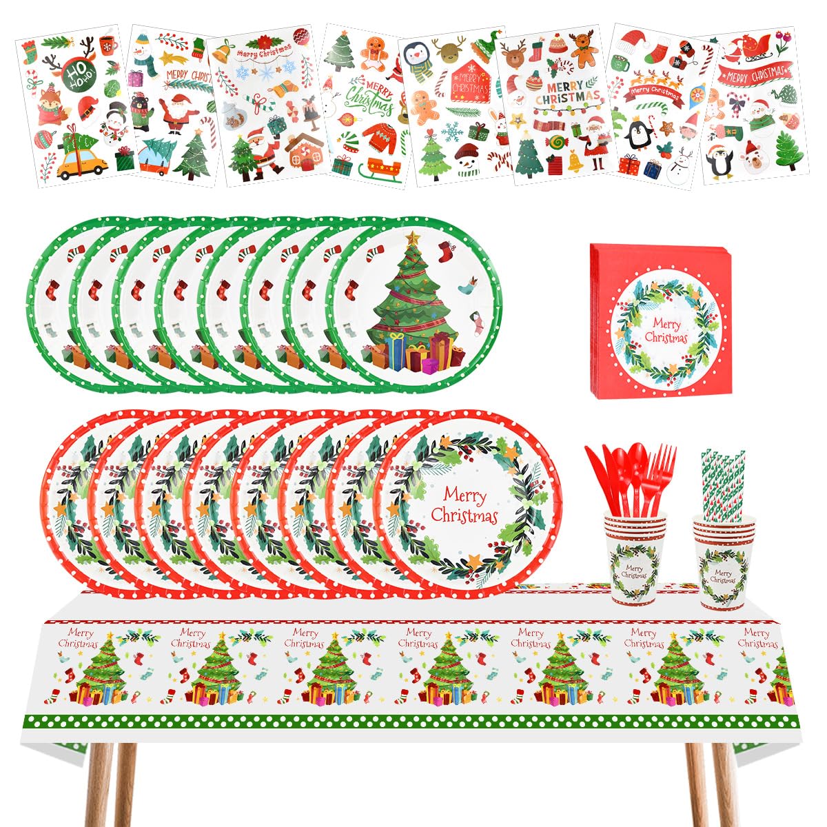 YBCCBY 129Pcs Christmas Party Tableware Xmas Disposable Dinnerware Set ...