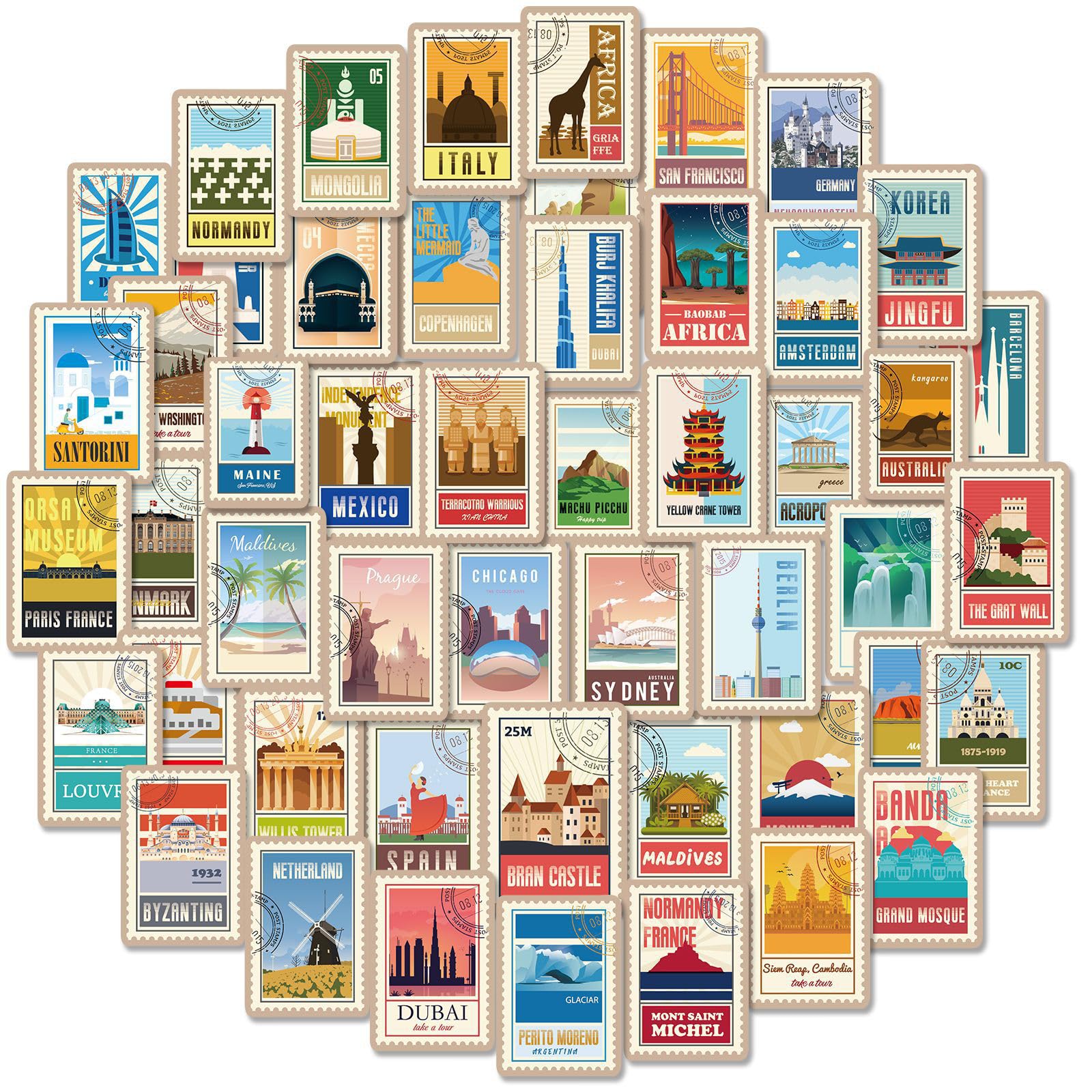 Retro World Famous Landmark Stickers,50Pcs Vintage Landmarks Urban Logo ...