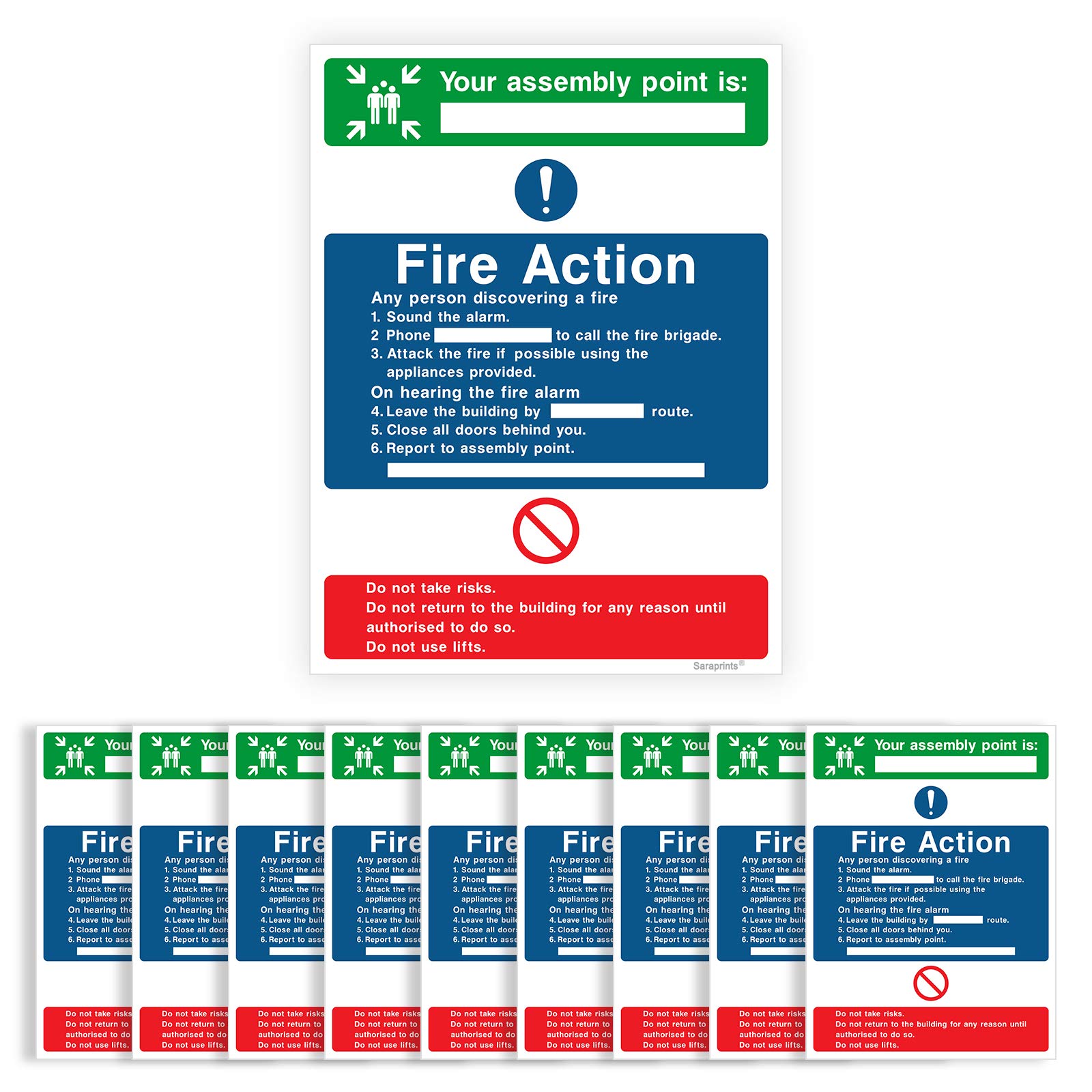 Pack of 10 Fire Action Signs (150 x 200 mm) Self Adhesive Fire Action ...