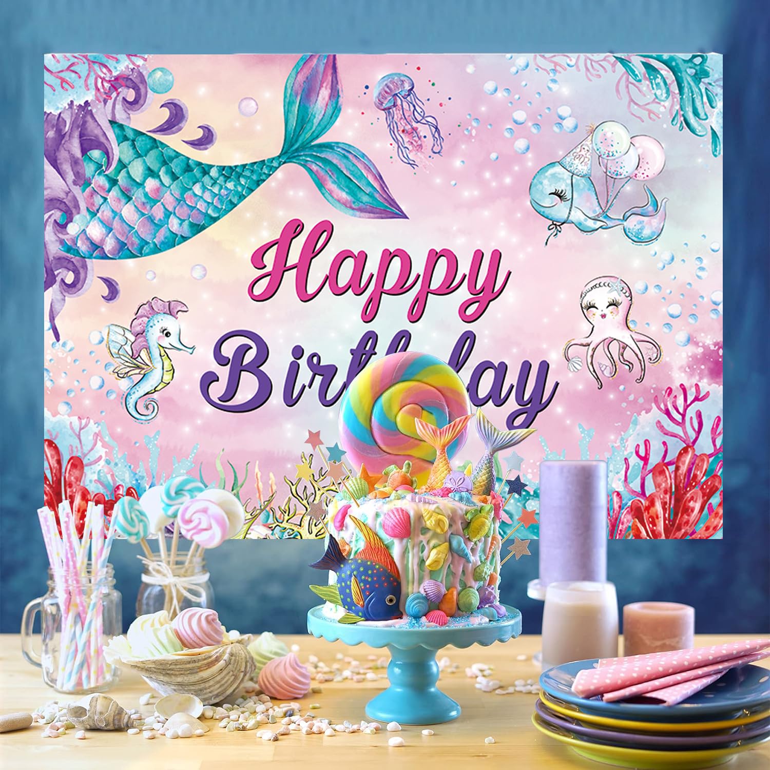 Little Mermaid Happy Birthday Banner Personalized Princess Happy