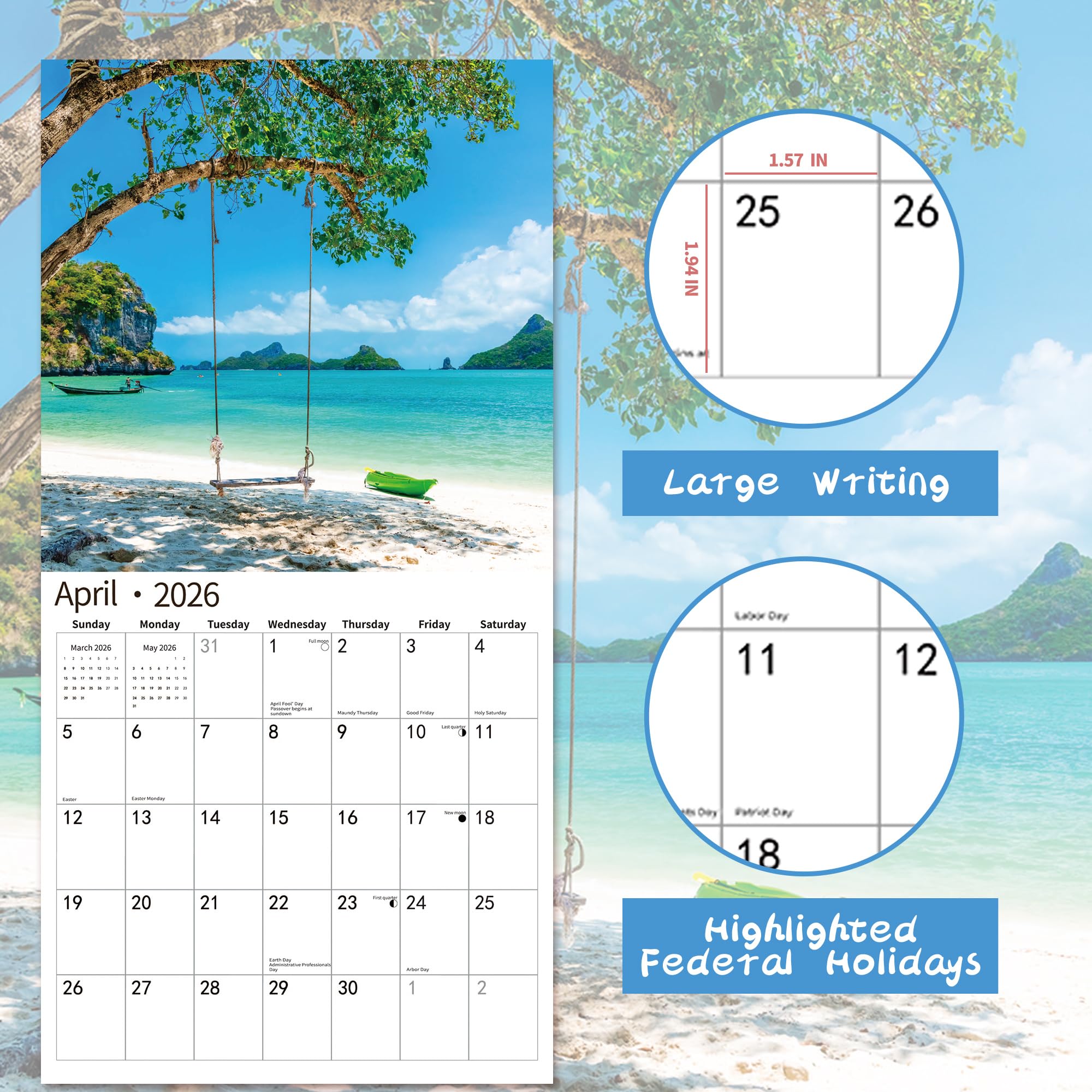 Planning Calendar Beaches Calendar 2026, Large 12 X 24 Inch, Beaches ...