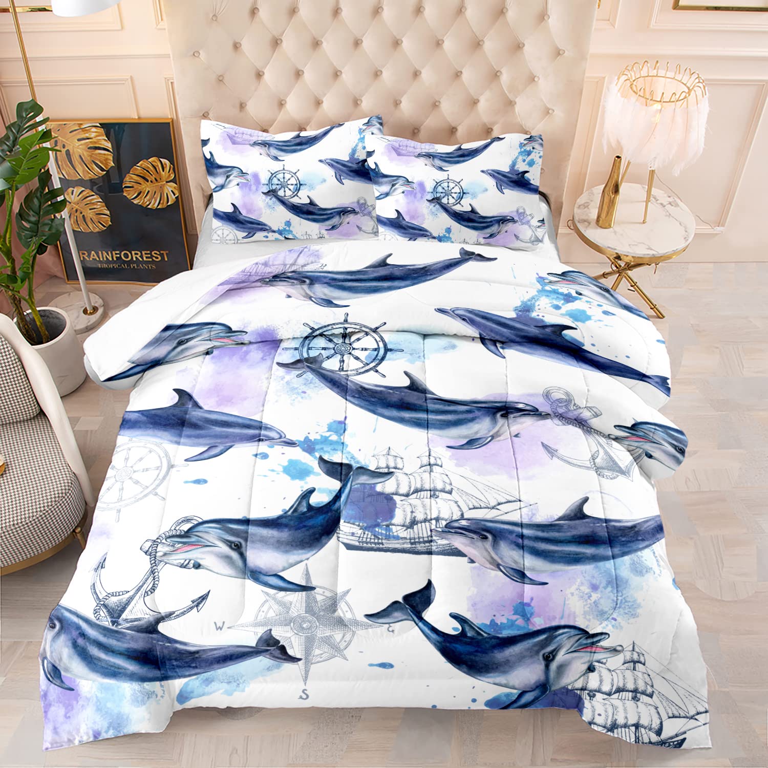 Amazon.com: CVHOUSE Ocean Dolphin Comforter Set Queen Size,Coastal ...