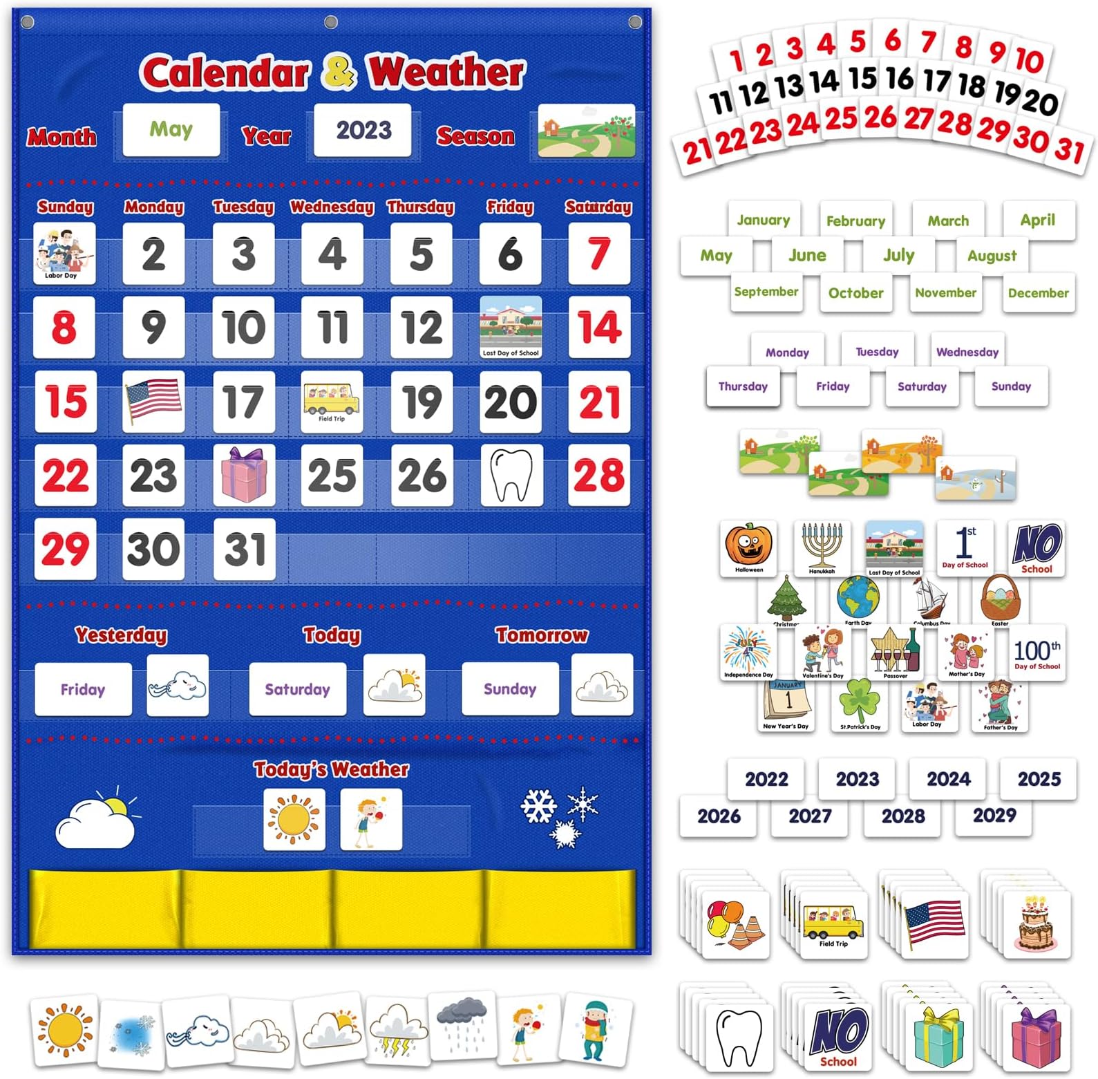 Amazon.com: Medeer Calendar and Weather Pocket Chart, Pocket Classroom ...