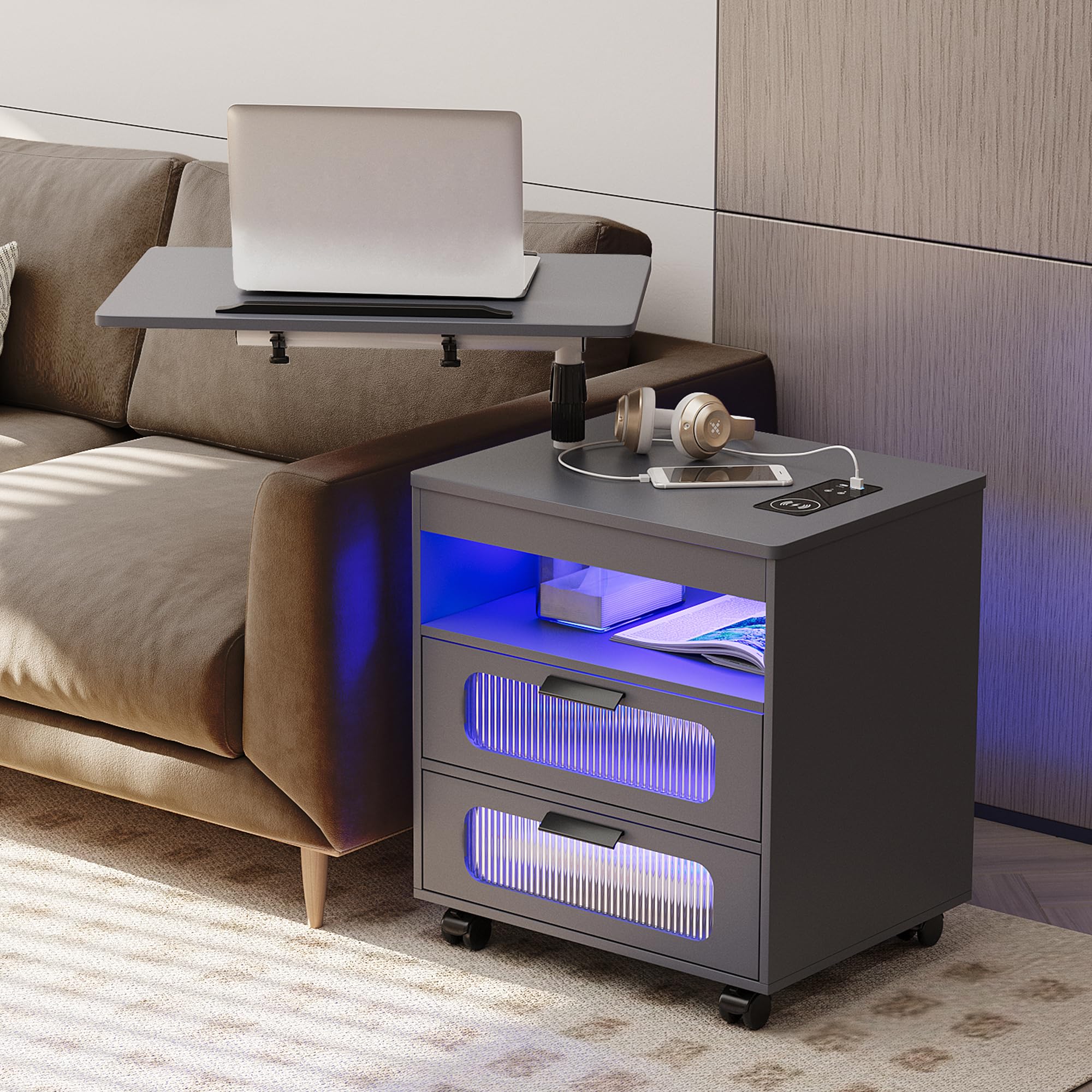 Amazon.com: Lareth Height Adjustable Nightstand 2 Drawers Wooden End ...