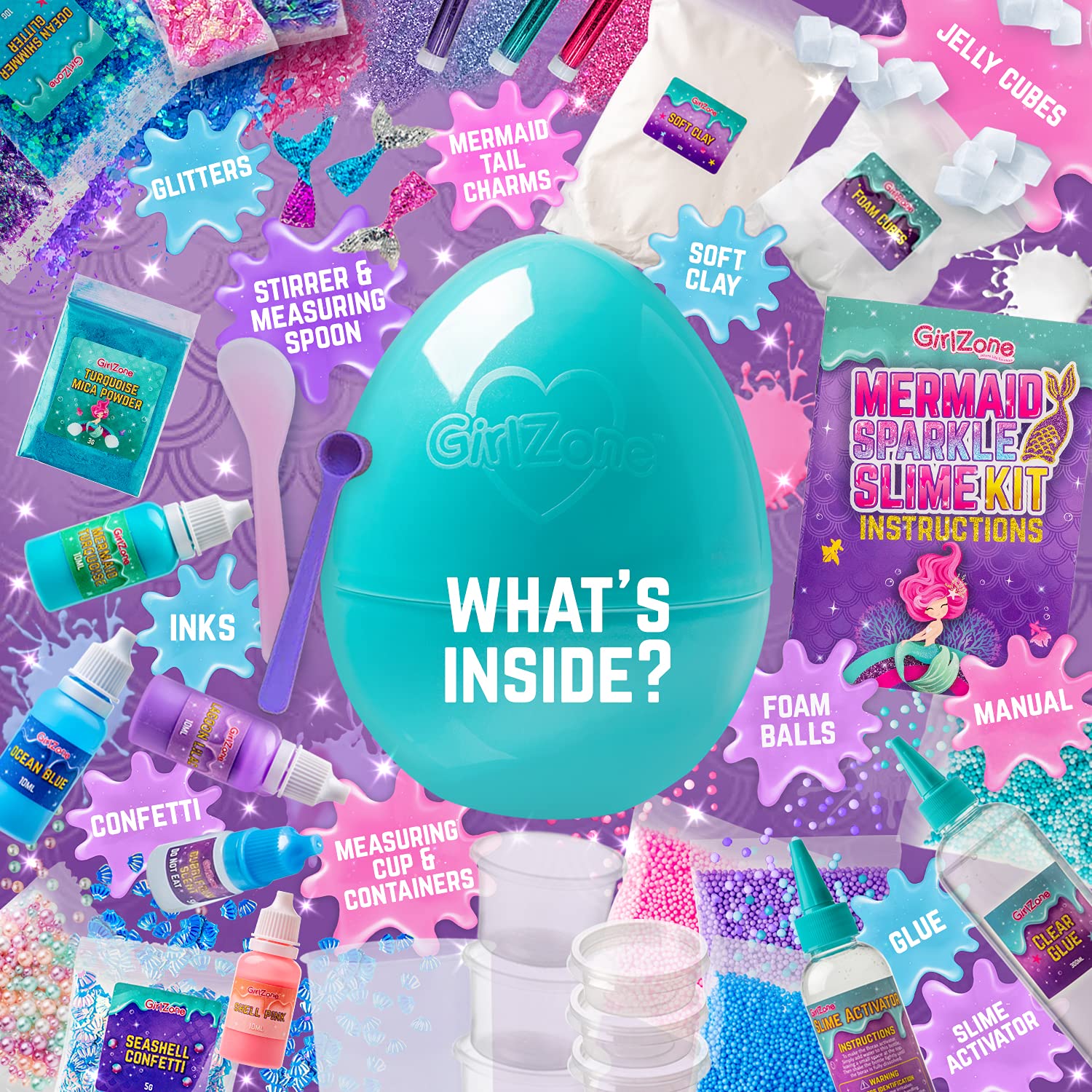 GirlZone Egg Mermaid Sparkle Slime Making Kit for Girls, Measures 9.5 ...