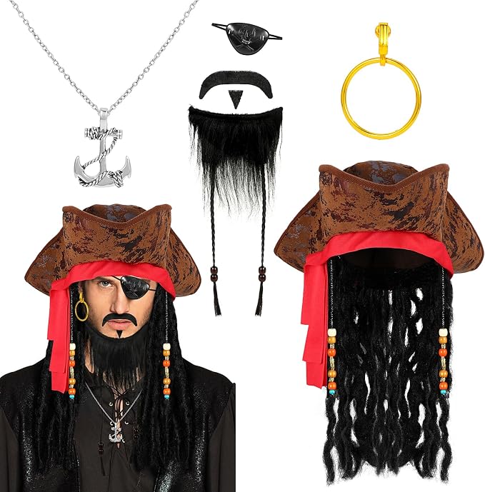 Hifot 5 Pcs Pirate Accessories Set Pirates Hat Eye Patches Necklace ...