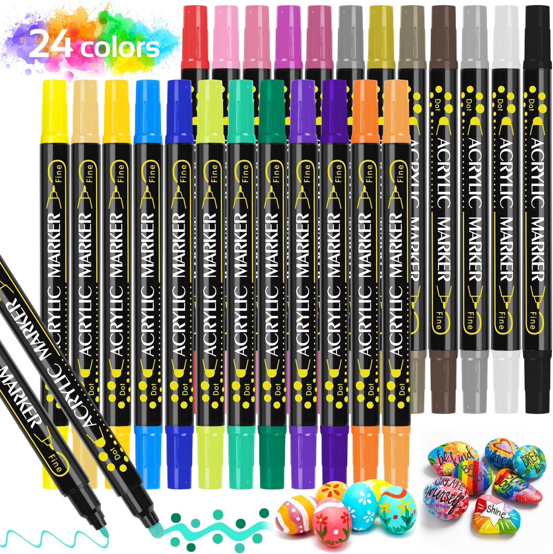 LUZOON Rotuladores Acrilicos Permanentes, 24 Colores Pincel Doble Punta ...