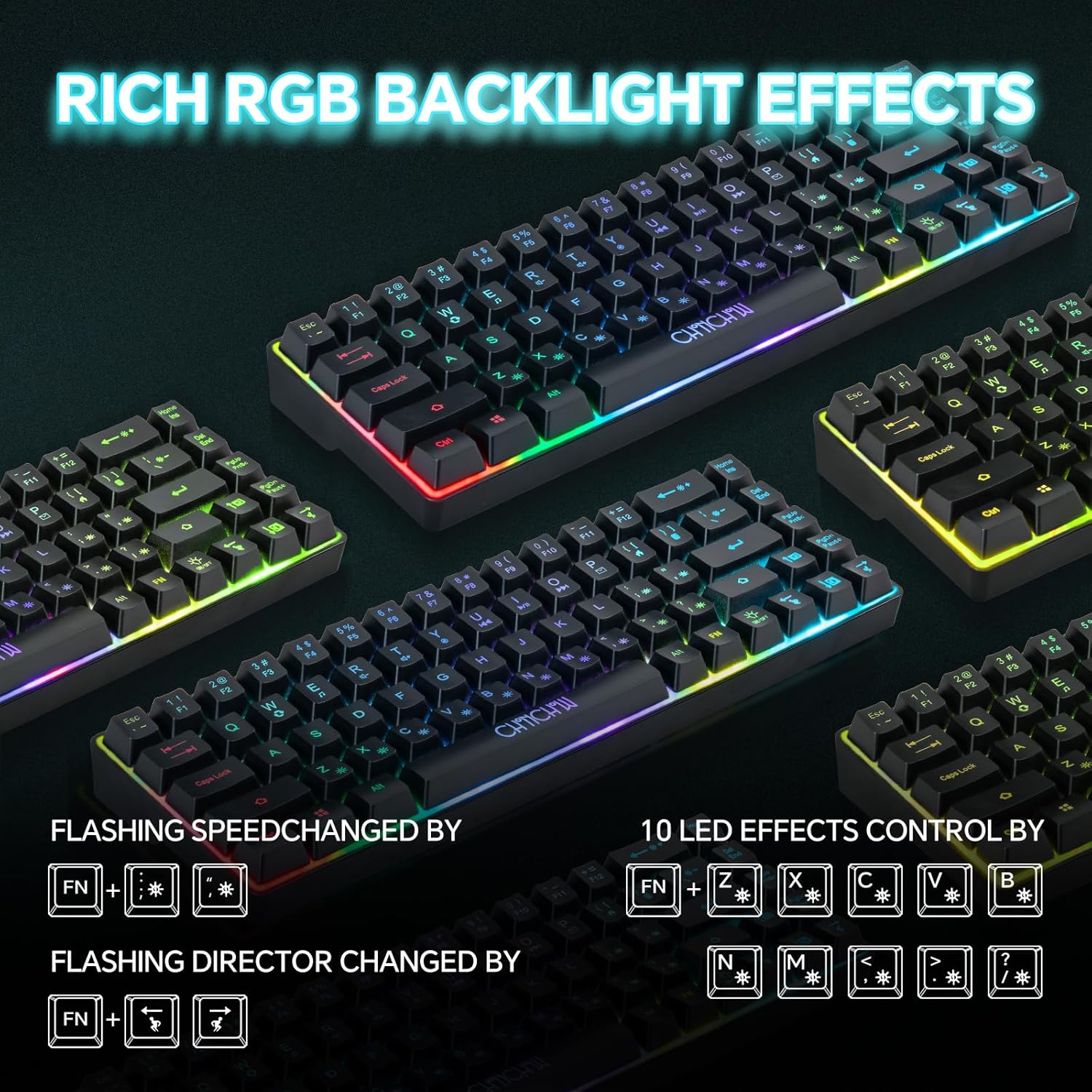 60% Gaming LED Keyboard RGB 68 Keys Layout Wired Keypad with 10 Preset ...