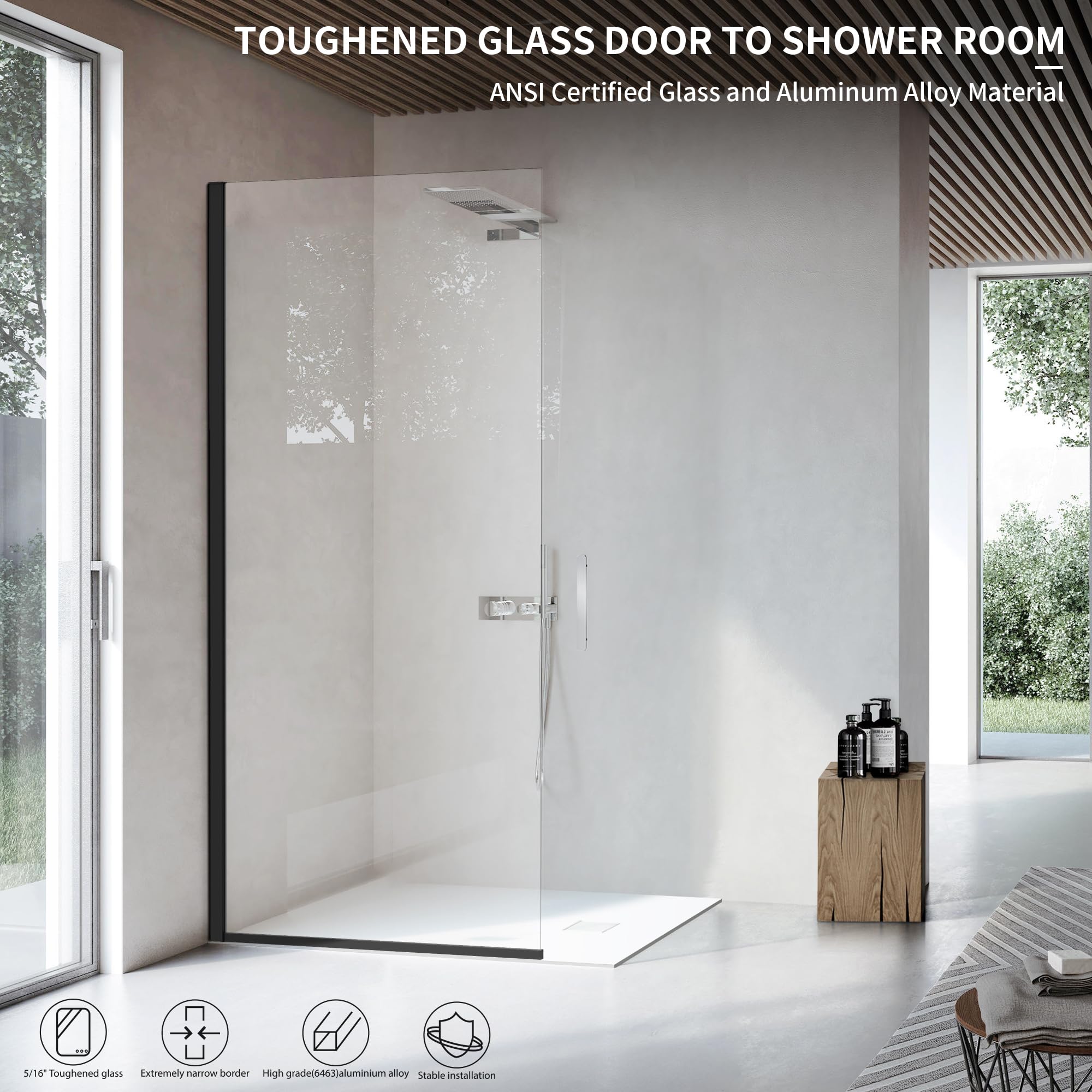 Shower Door Bathroom Semi-Framed Fixed Shower Glass Door, 34" W*74" L ...