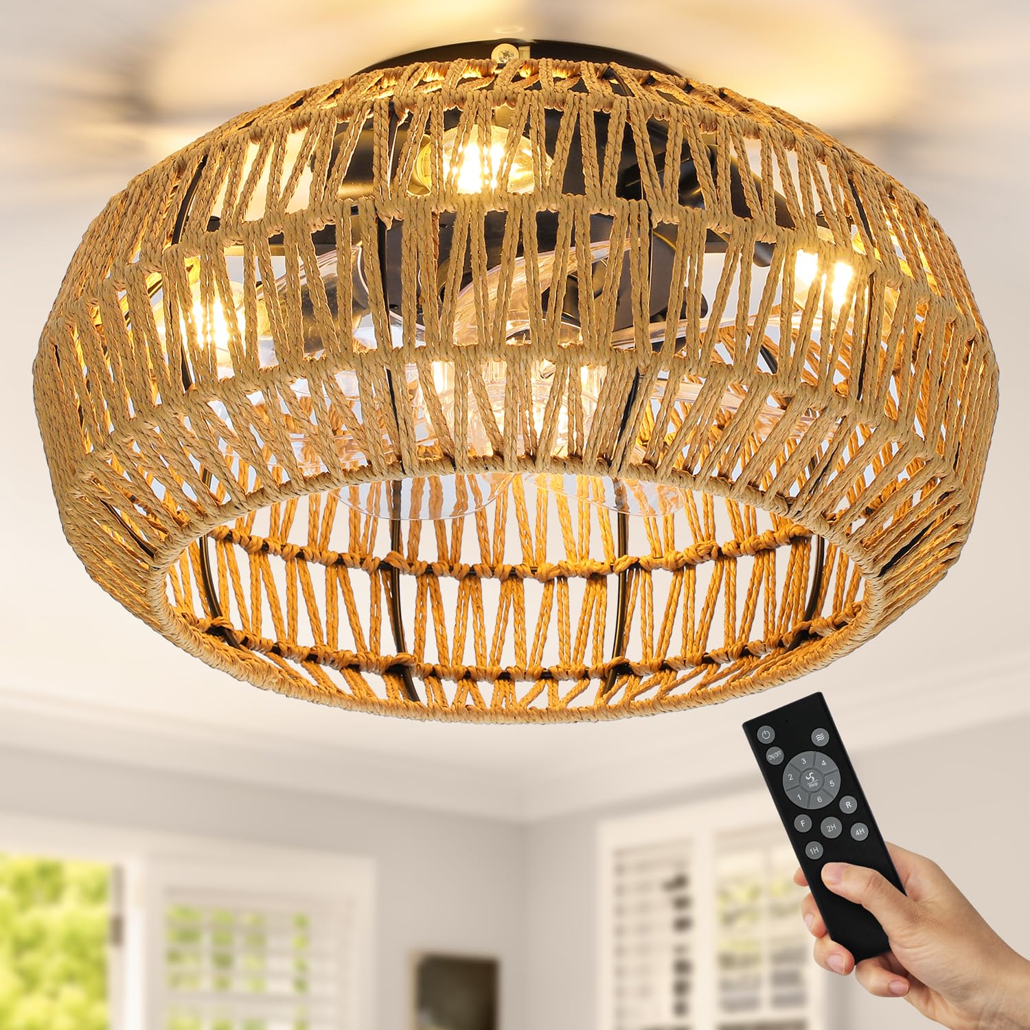 Lumcool 16 Inch Boho Rattan Ceiling Fan with Light, Flush Mount Caged ...