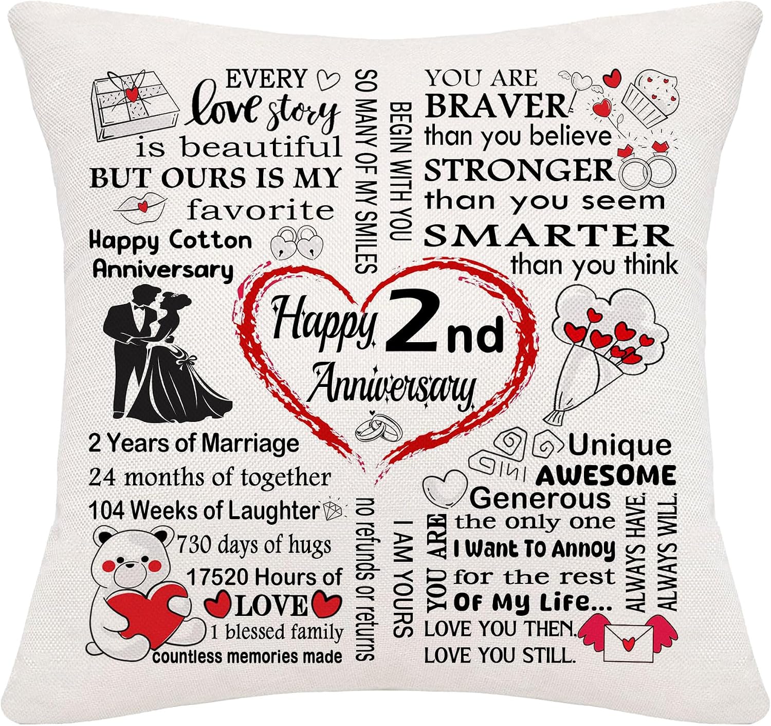 Hardeson 2nd Wedding Anniversary Cushion Covers Gifts for Her Him, 2 ...