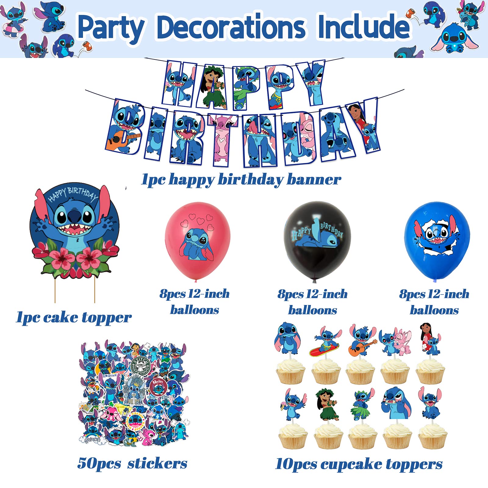 Baby Stitch Party Decorations, Birthday Party Supplies Include Happy ...