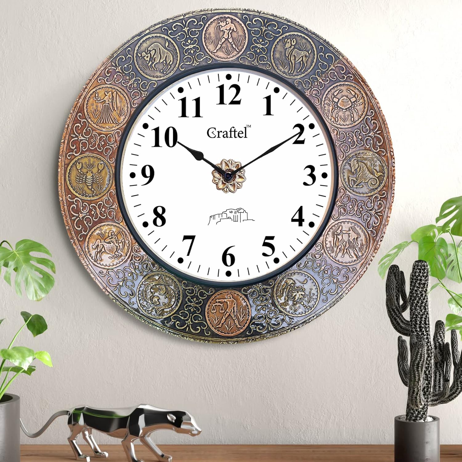 Buy CRAFTEL Brass and Copper Zodiac Rashi Dial Wall Clock with Dome ...