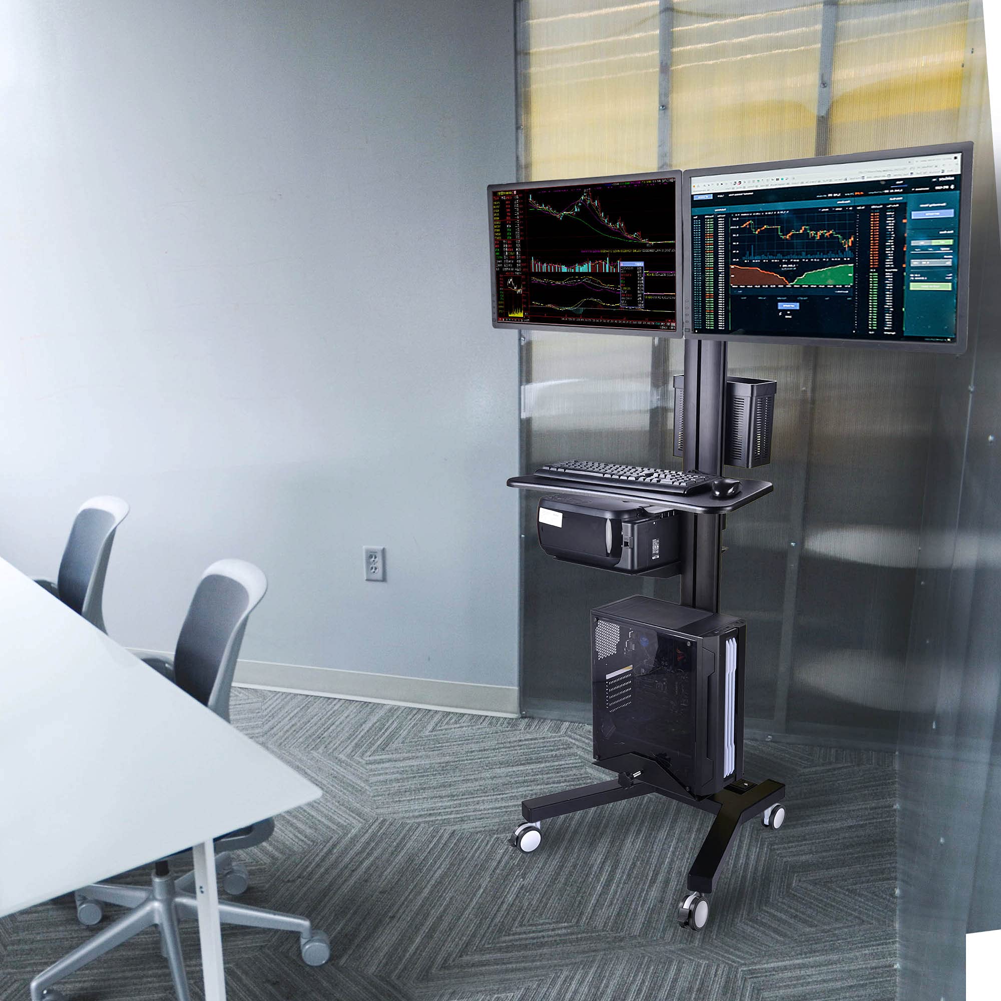 AW 4-Wheel Rolling Desktop PC Mobile Cart for 2 Dual Monitor Printer ...