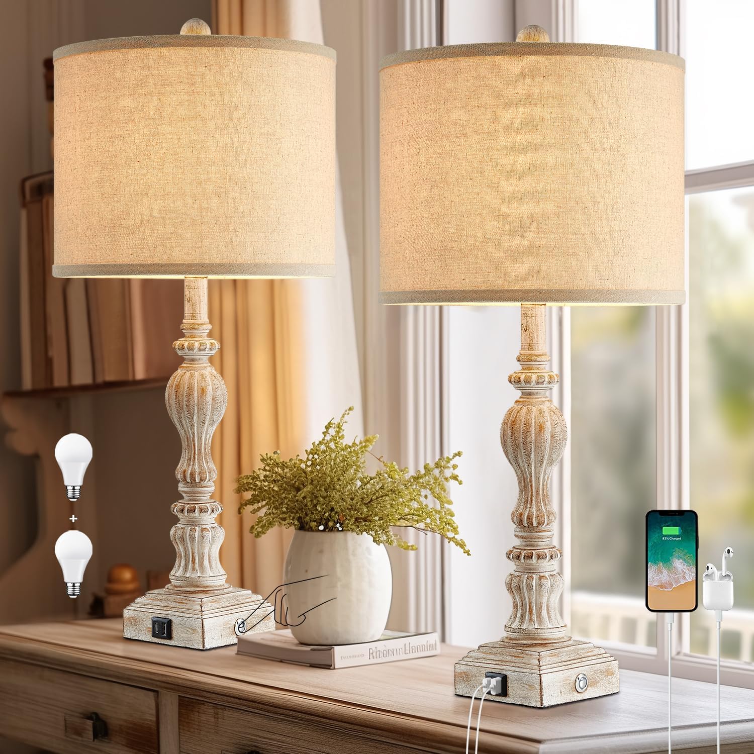 BOOUCUU Lamps for Bedrooms Set of 2, Touch Bedside Table Lamps with USB ...