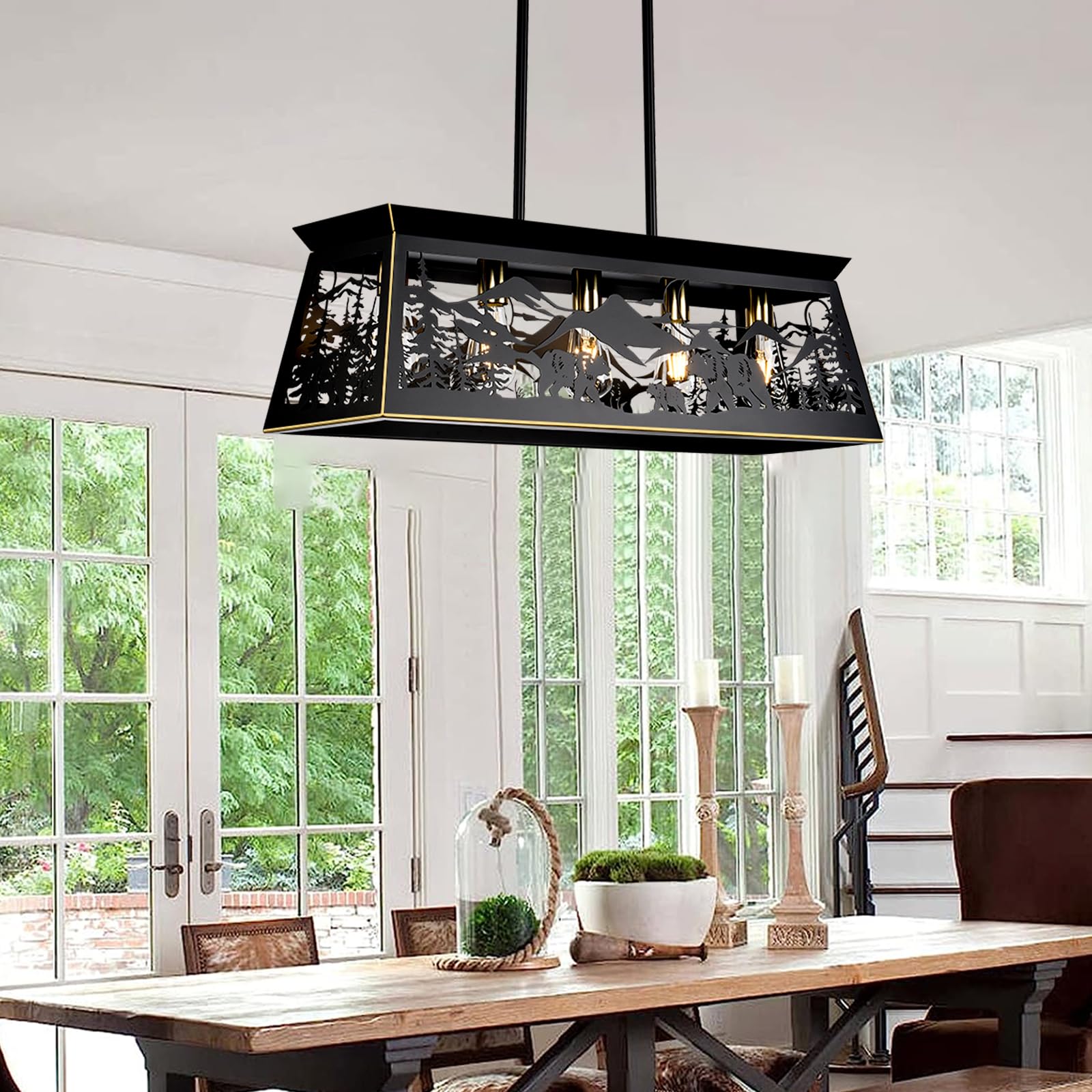 Rustic Dining Room Rectangular Light LNC Wood Kitchen Chandelier