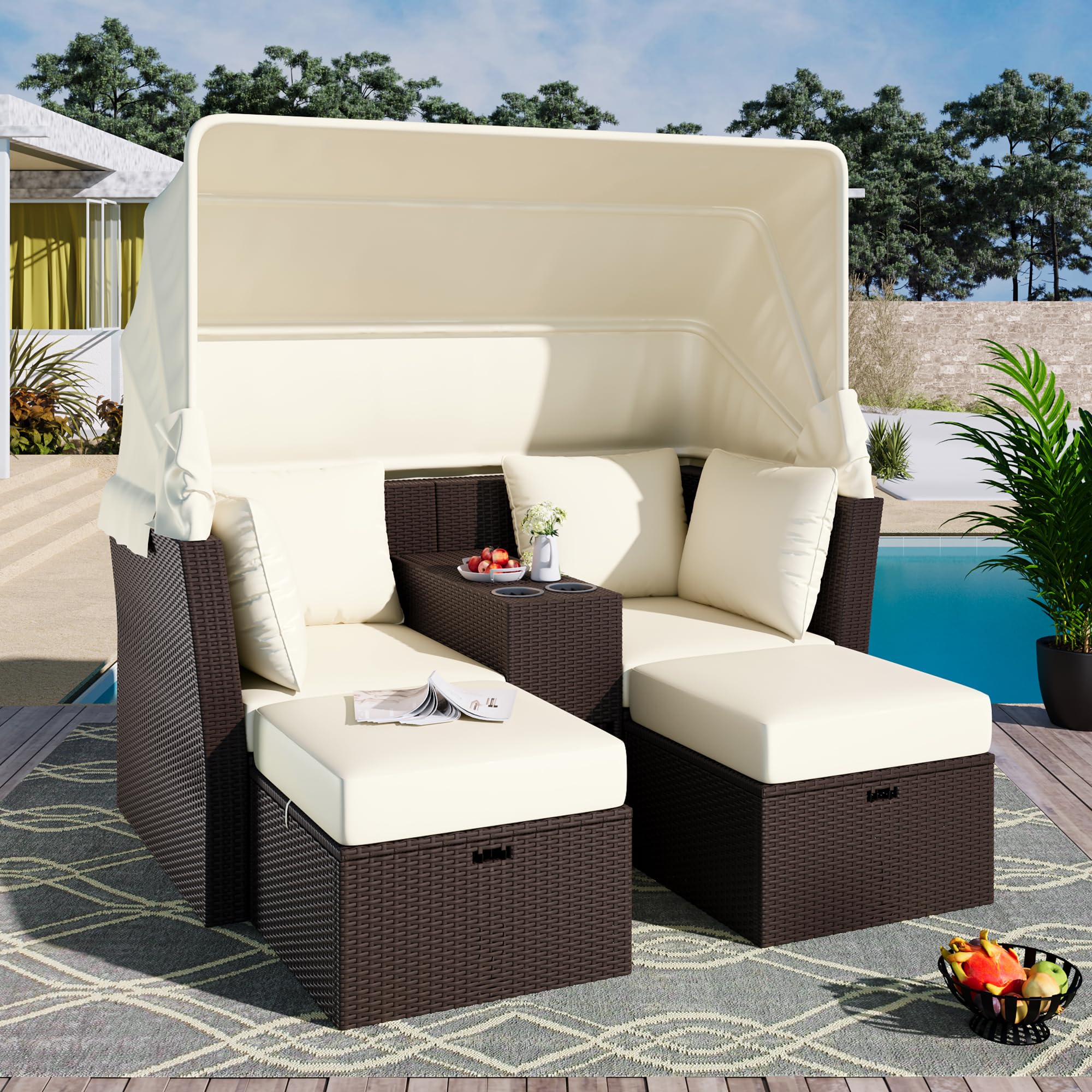 P PURLOVE Outdoor Loveseat Chaise Lounge with Canopy, 2-Seater Outdoor ...